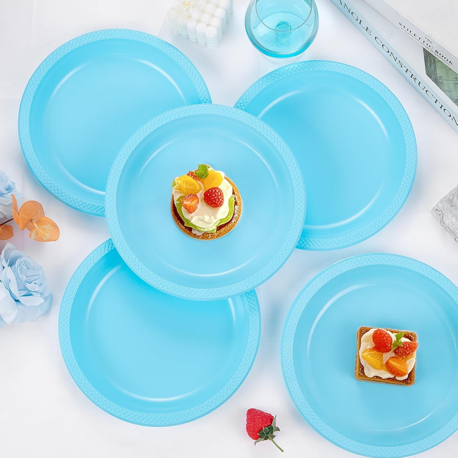 Wuquan-10 Inch Plastic Plates Light Blue 50 Count Disposable Plate for ...