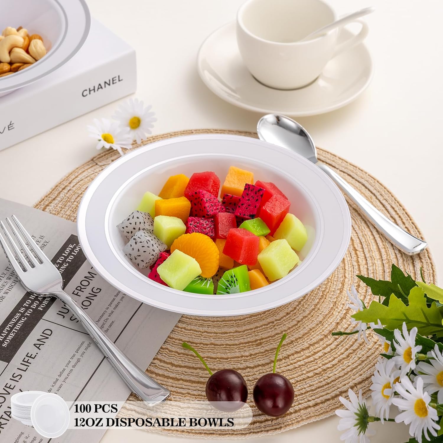 Wuquan-100pc Deep Bowl With White Background And Double Silver Edges ...