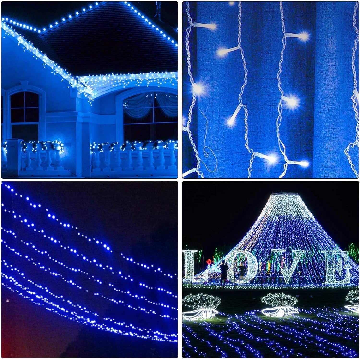 Wuquan-300 LED Blue Outdoor Indoor String Lights, Safety Plug in 8 ...