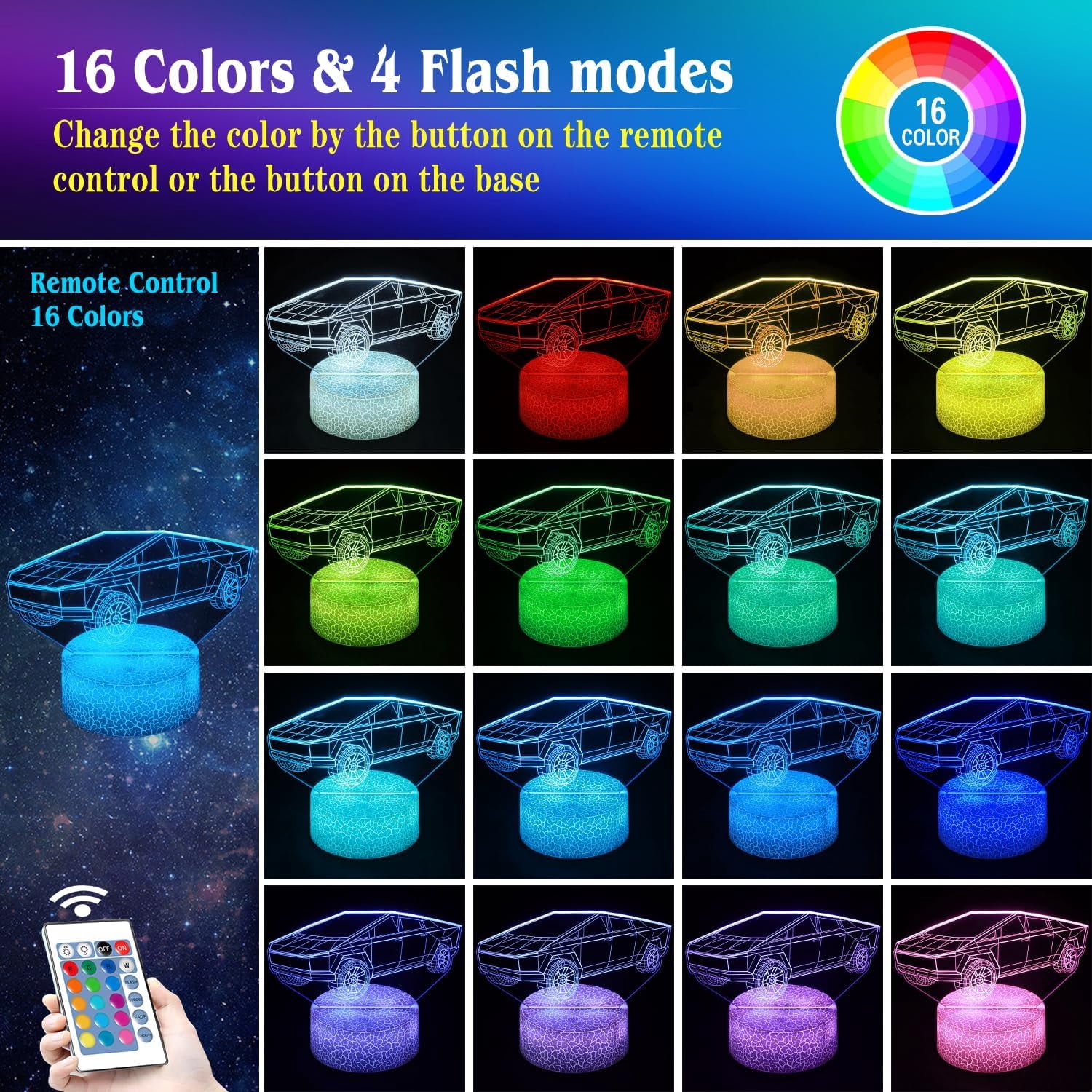Wuquan-3D Cybertruck Car Night Light Gifts for Kids,16 Color Change ...
