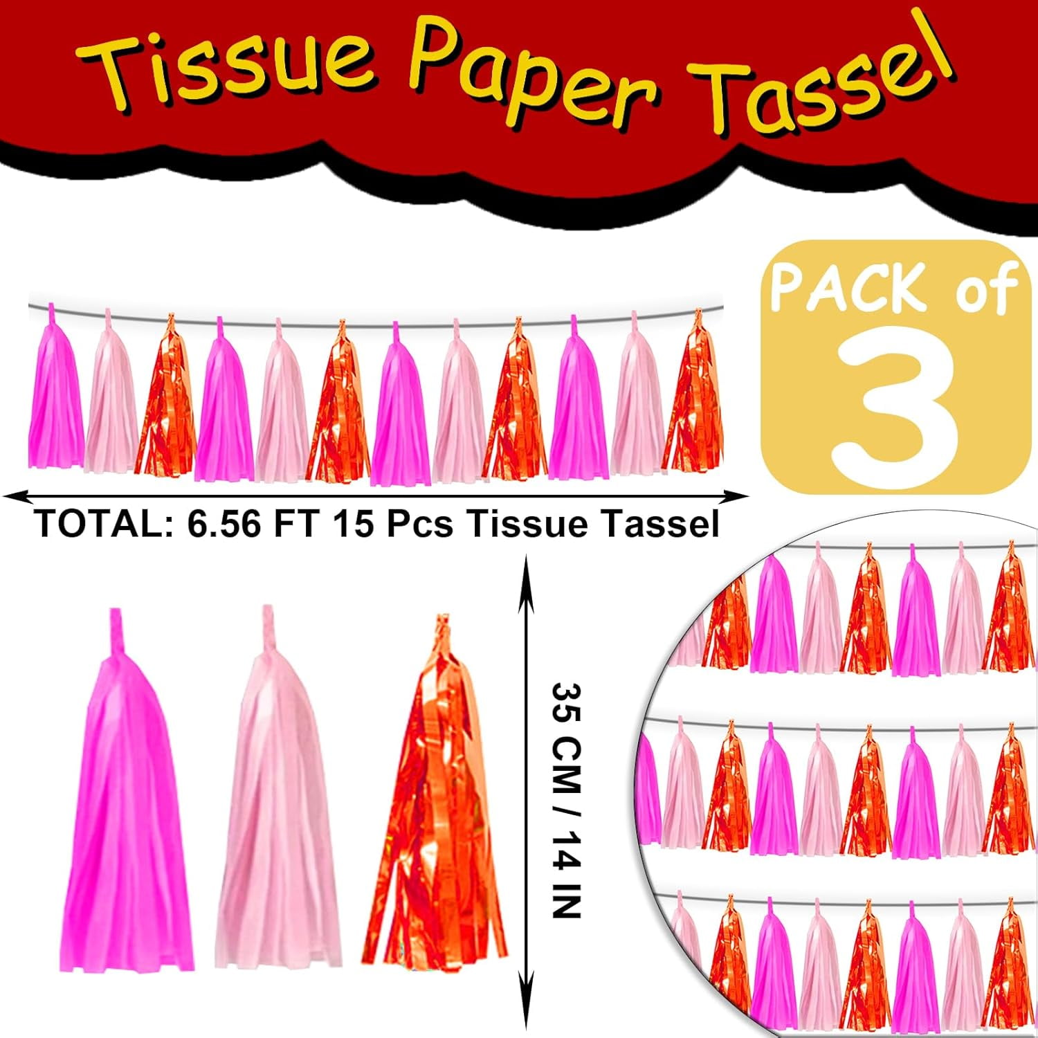 Wuquan-3P Hot Pink Orange LightPink Metallic Fringe Banner Garland Foil ...