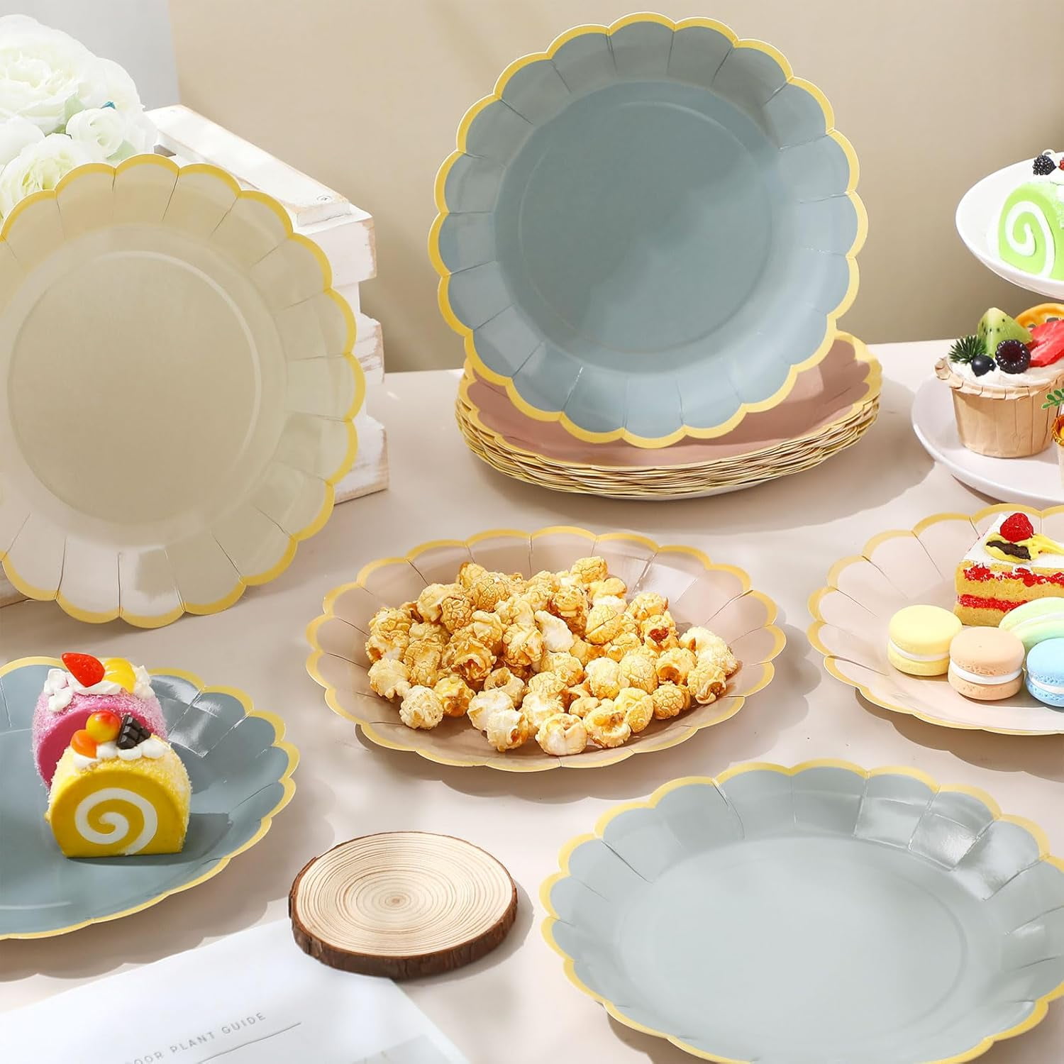 Wuquan-48 Pcs Morandi Color Paper Plates 9 Inch Pastel Scalloped ...
