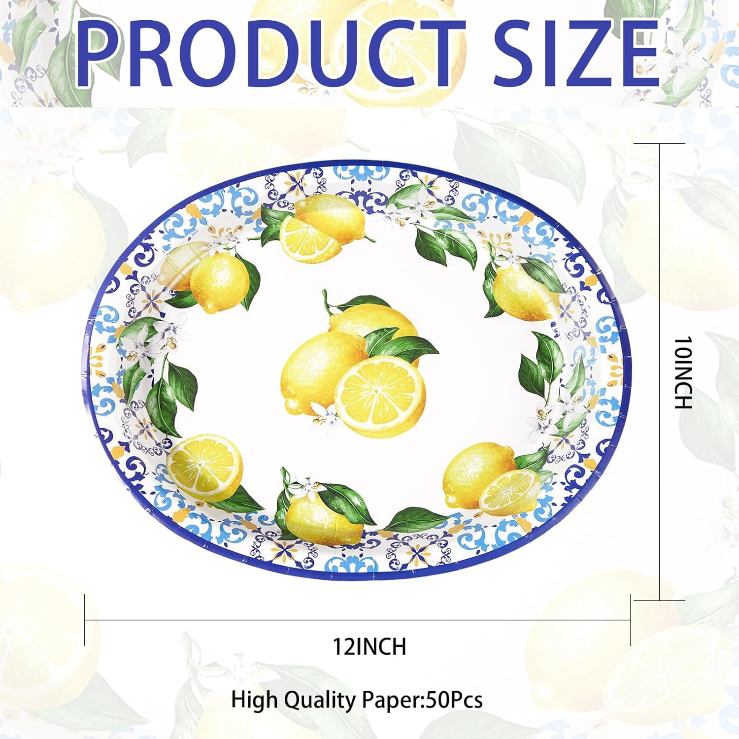 Wuquan-50 Pcs Capri Lemon Oval Paper Plates 10"x12" Large Blue Tiles ...