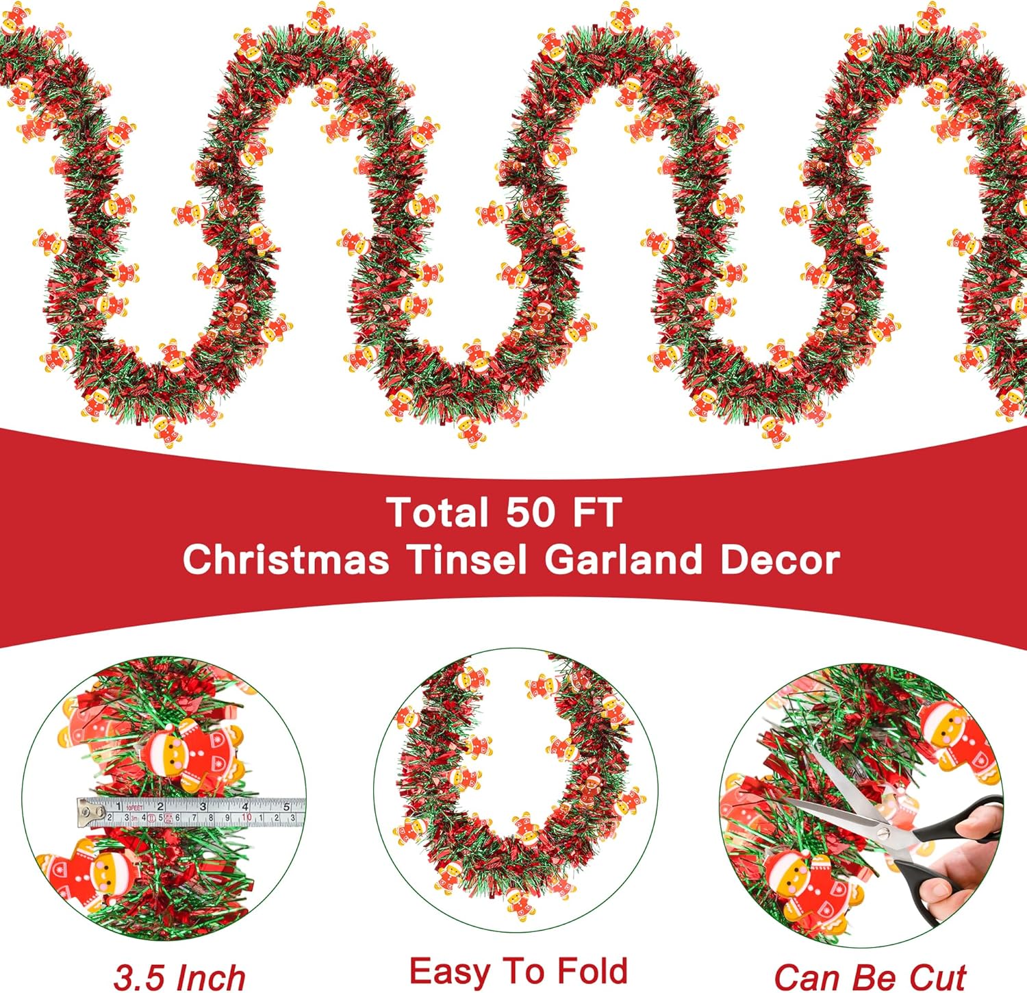 Wuquan-50FT Red Green Christmas Tinsel Garland with Gingerbread Man ...