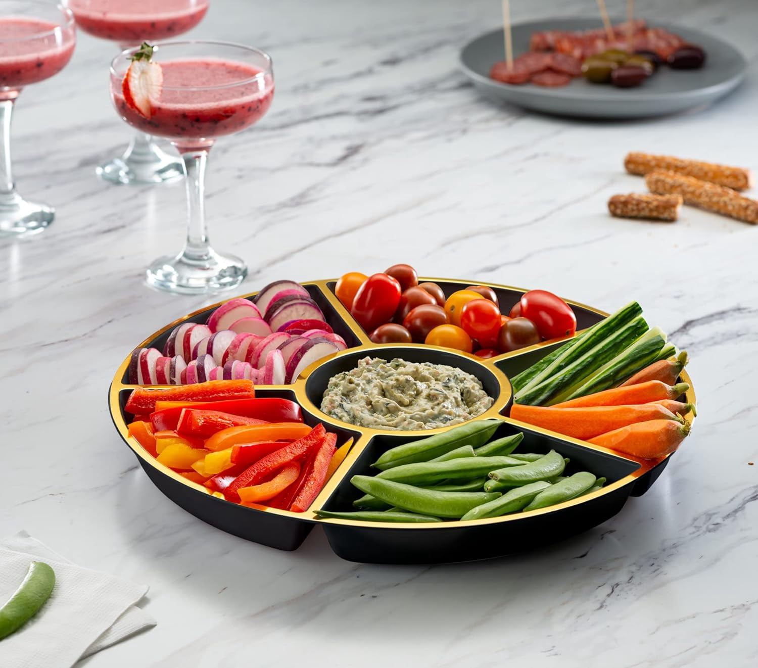 Wuquan-6 Sectional Round Plastic Serving Tray/Platters Black & Gold ...