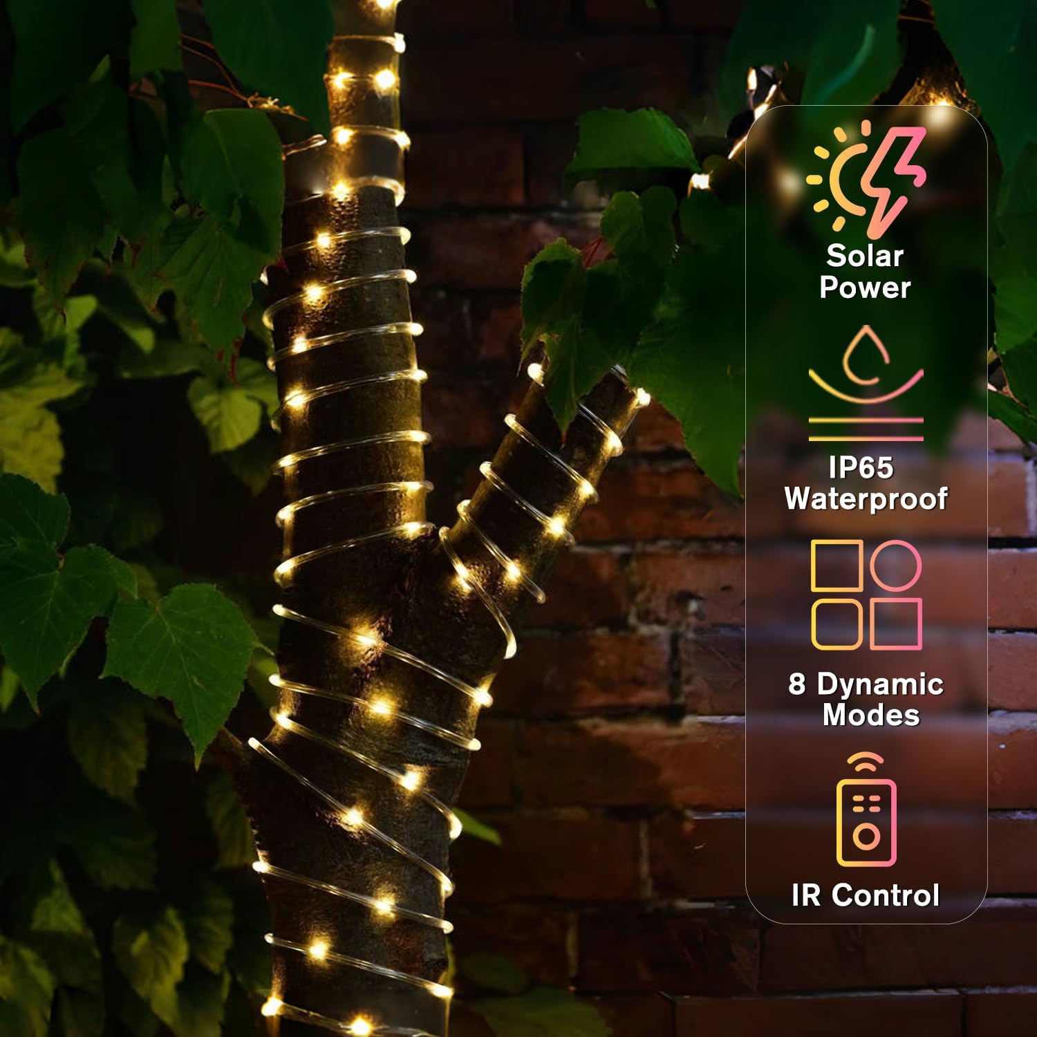 Wuquan-66FT 200 LED Solar Rope Lights Outdoor Waterproof, Solar Powered ...