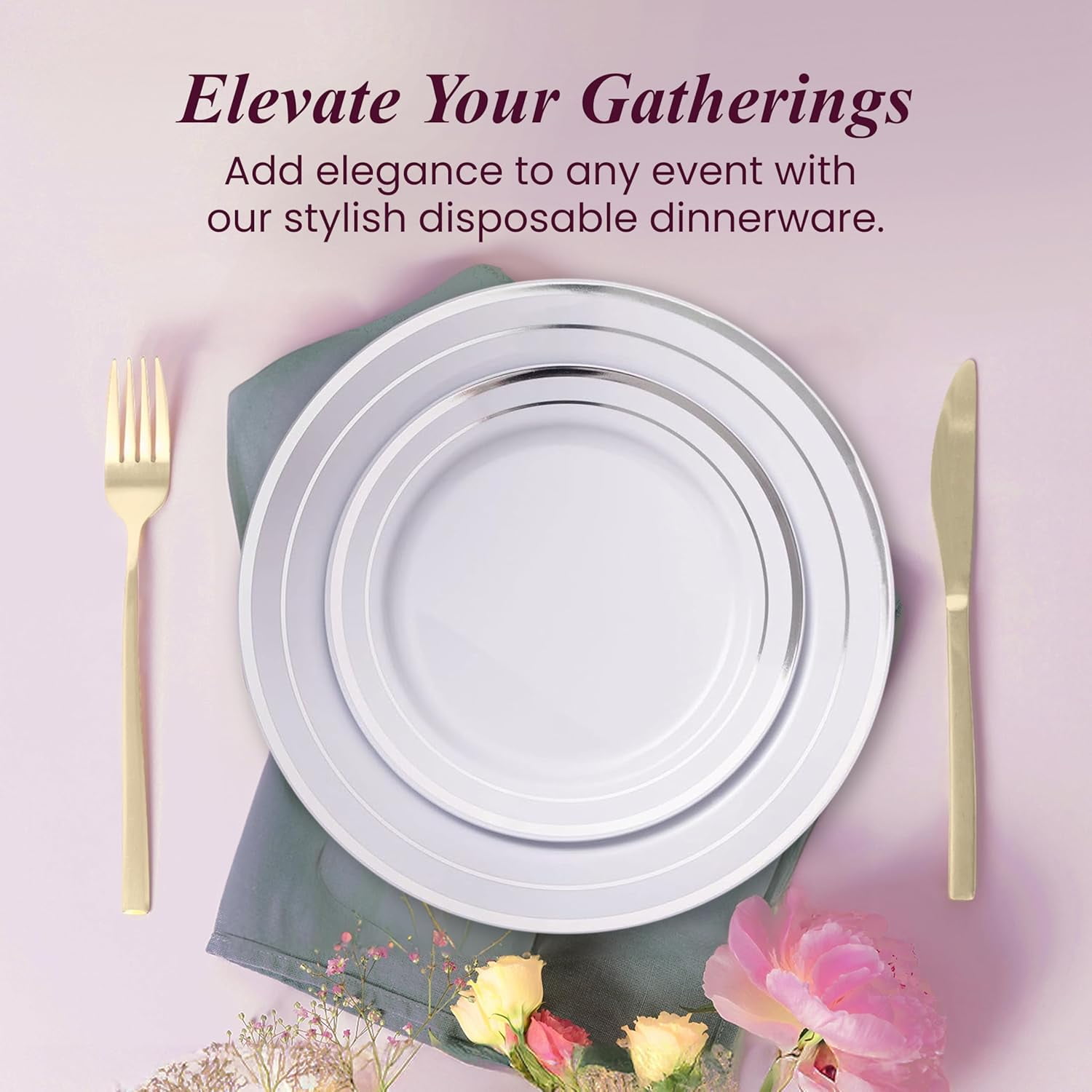 Wuquan-Aya's 60 Silver Rimmed Plastic Plates for Party, Heavy Duty ...