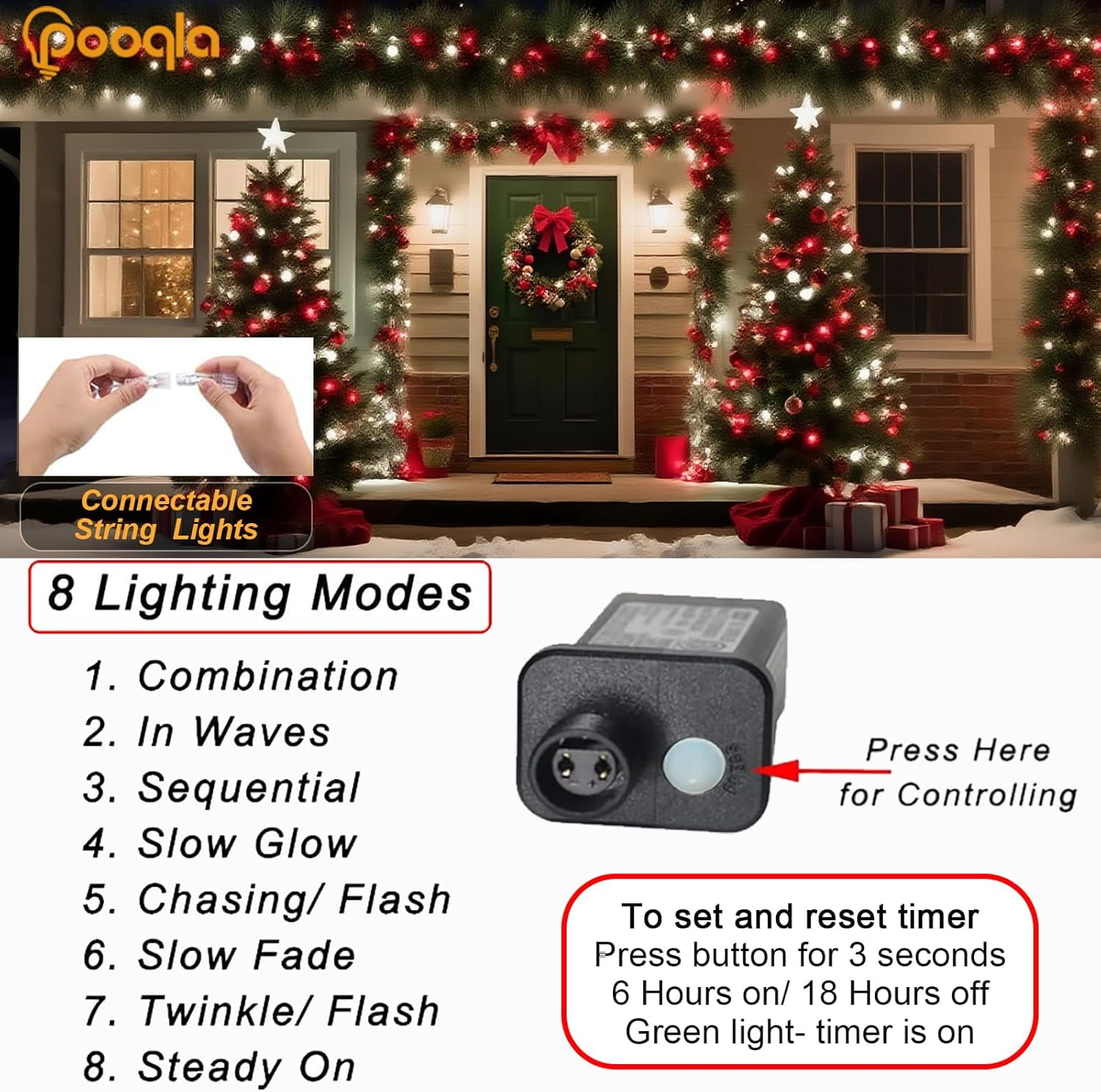 Wuquan-Christmas String Lights, 66 ft 200 LED Christmas Lights Plug in ...