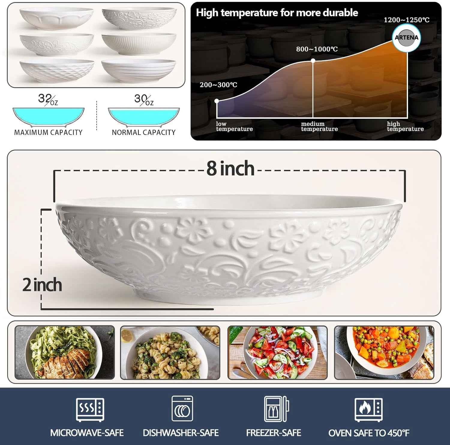 Wuquan-Pasta Bowls 32oz, Ceramic Large Salad Bowls 8 inch, White ...