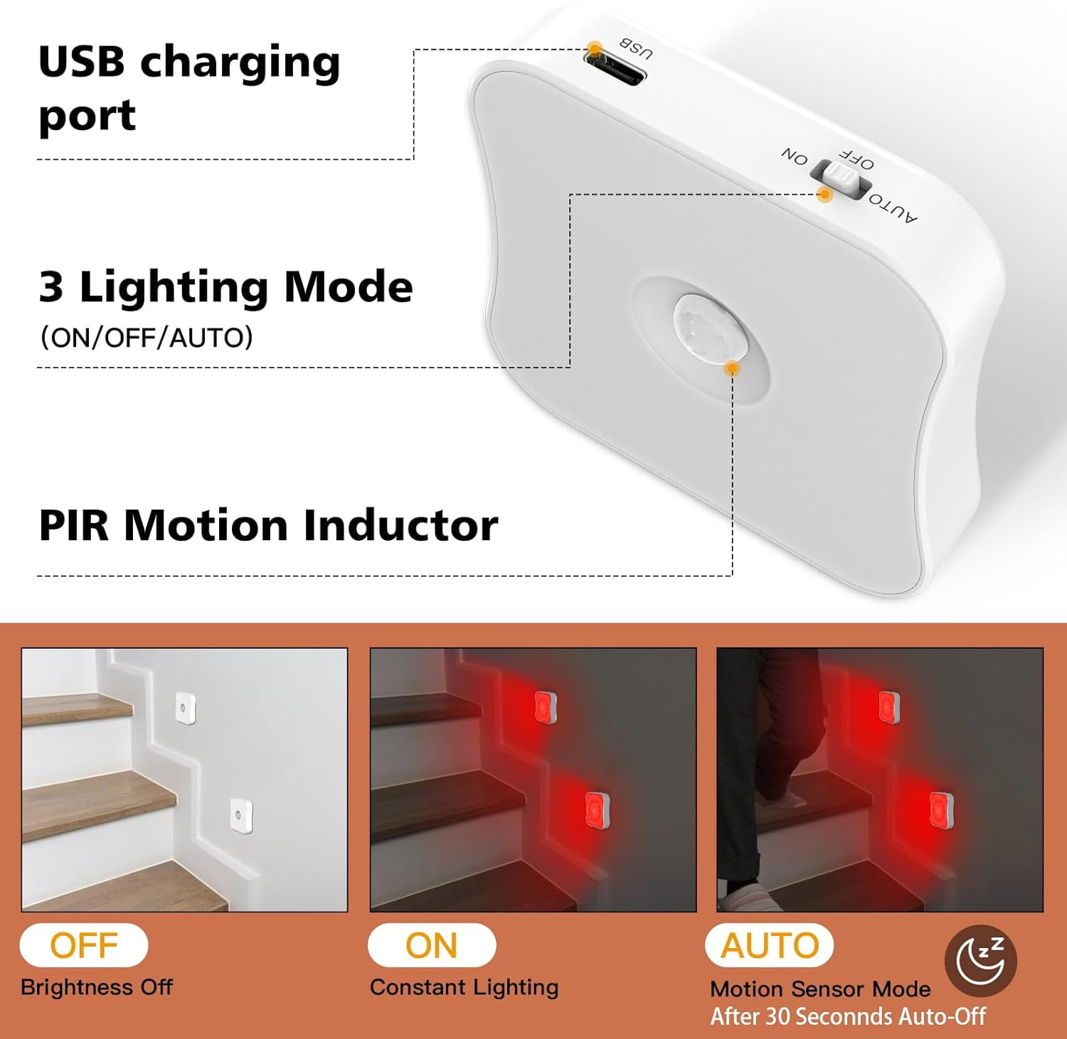 Wuquan-Red Motion Sensor Night Lights Rechargeable Battery Night Light ...