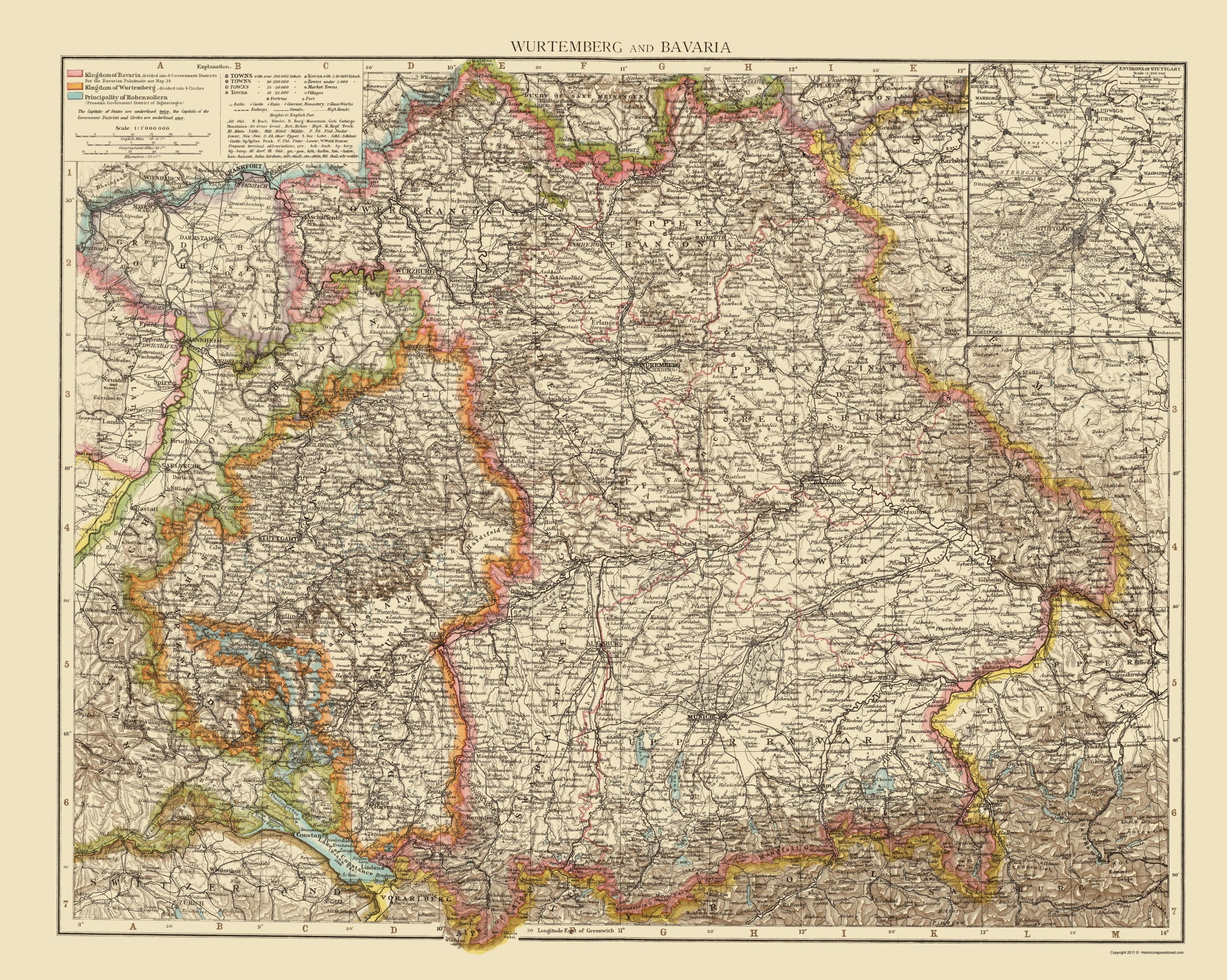 Historic Map - Wurtemberg Bavaria Germany - Andree 1895 - 23 x 28.79 ...
