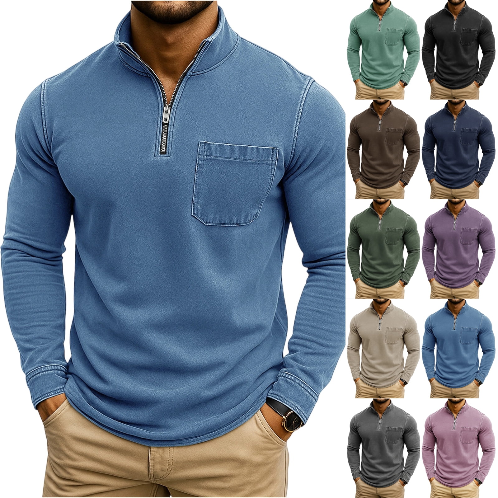 Wutalume Men's Fashion Solid Color Retro Washed T-Shirt, Quarter Zip ...