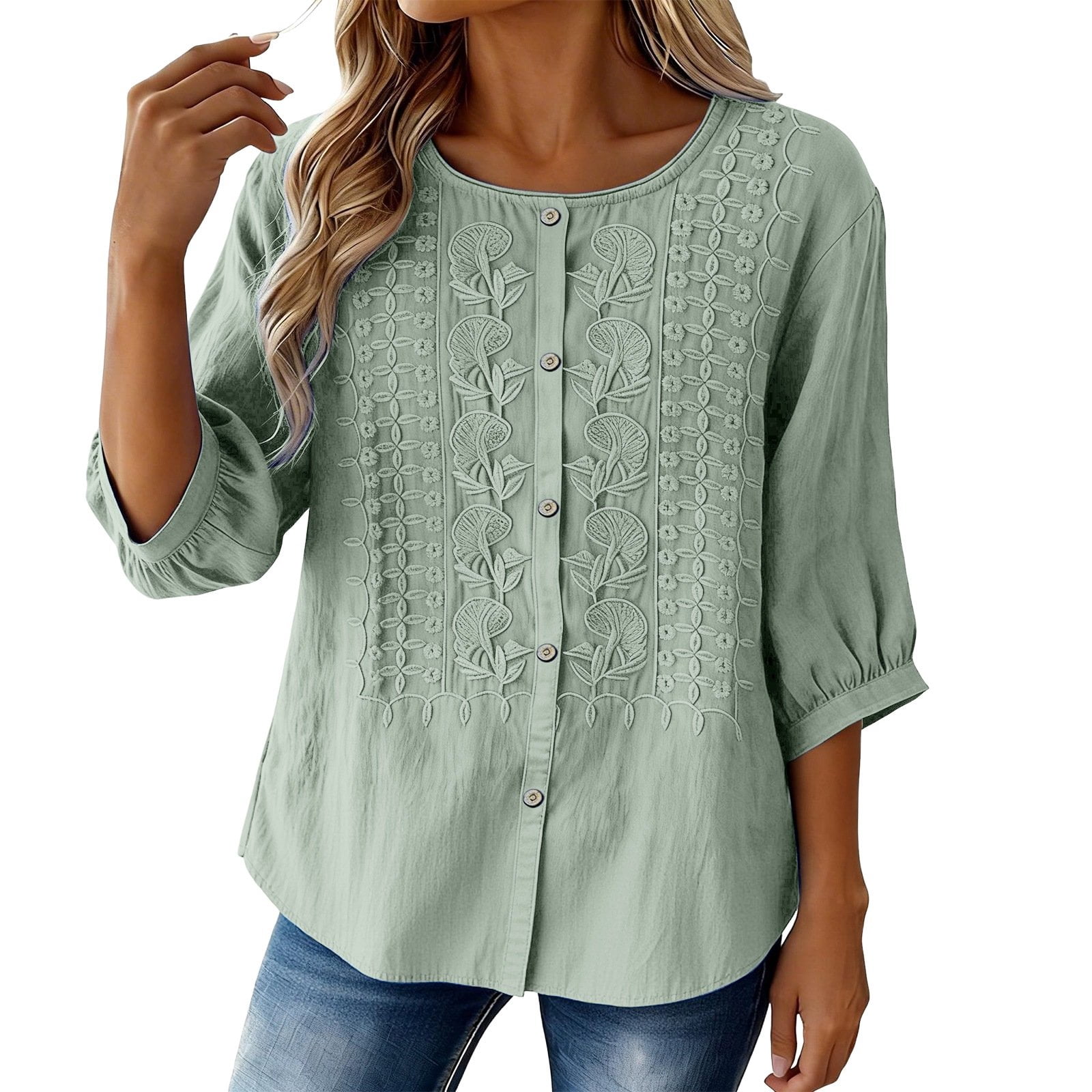 Wutalume Women's 3/4 Sleeve Button Down Top - Casual Cotton Blouse with ...