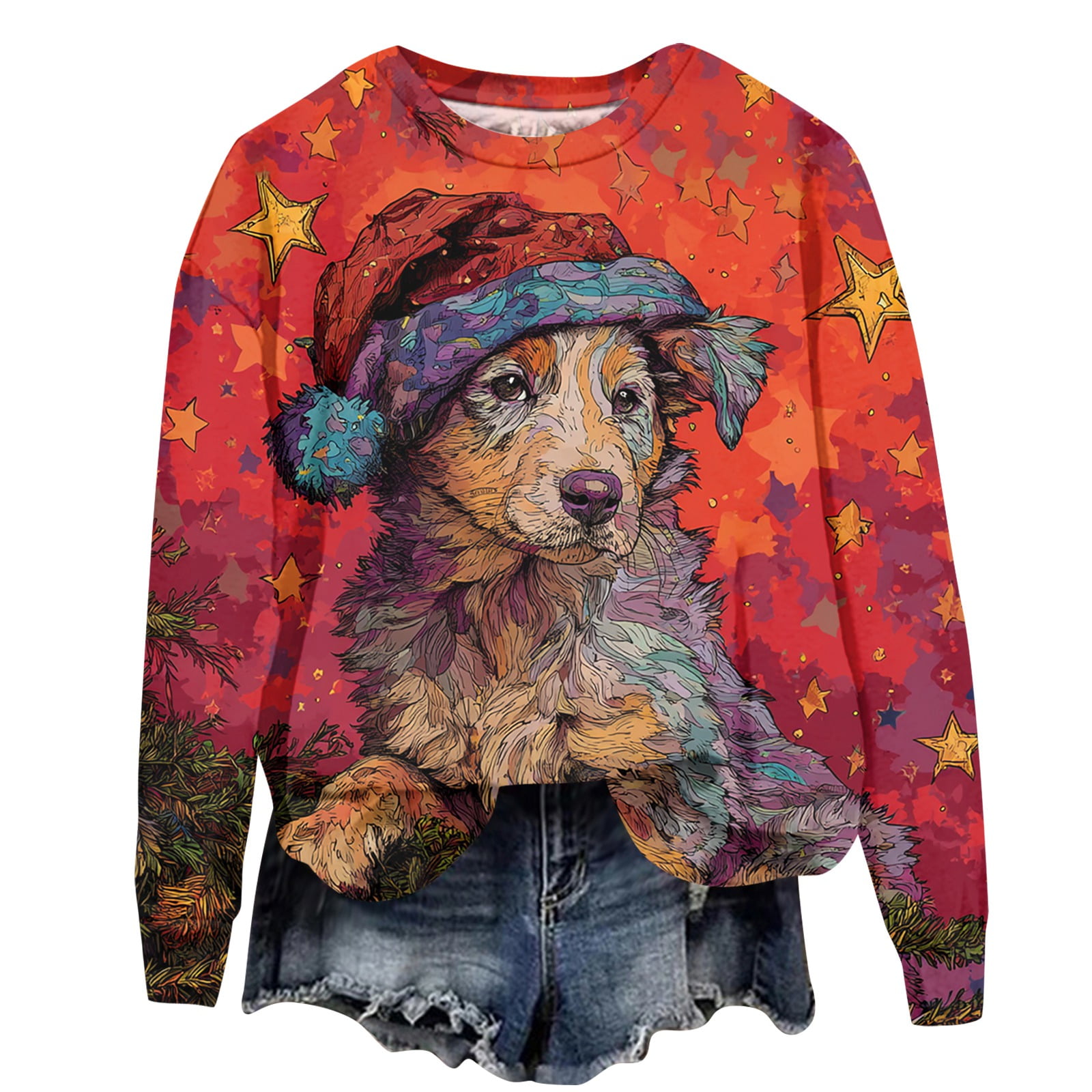 Wutalume Women's Christmas Print Long Sleeve Round Neck Loose ...