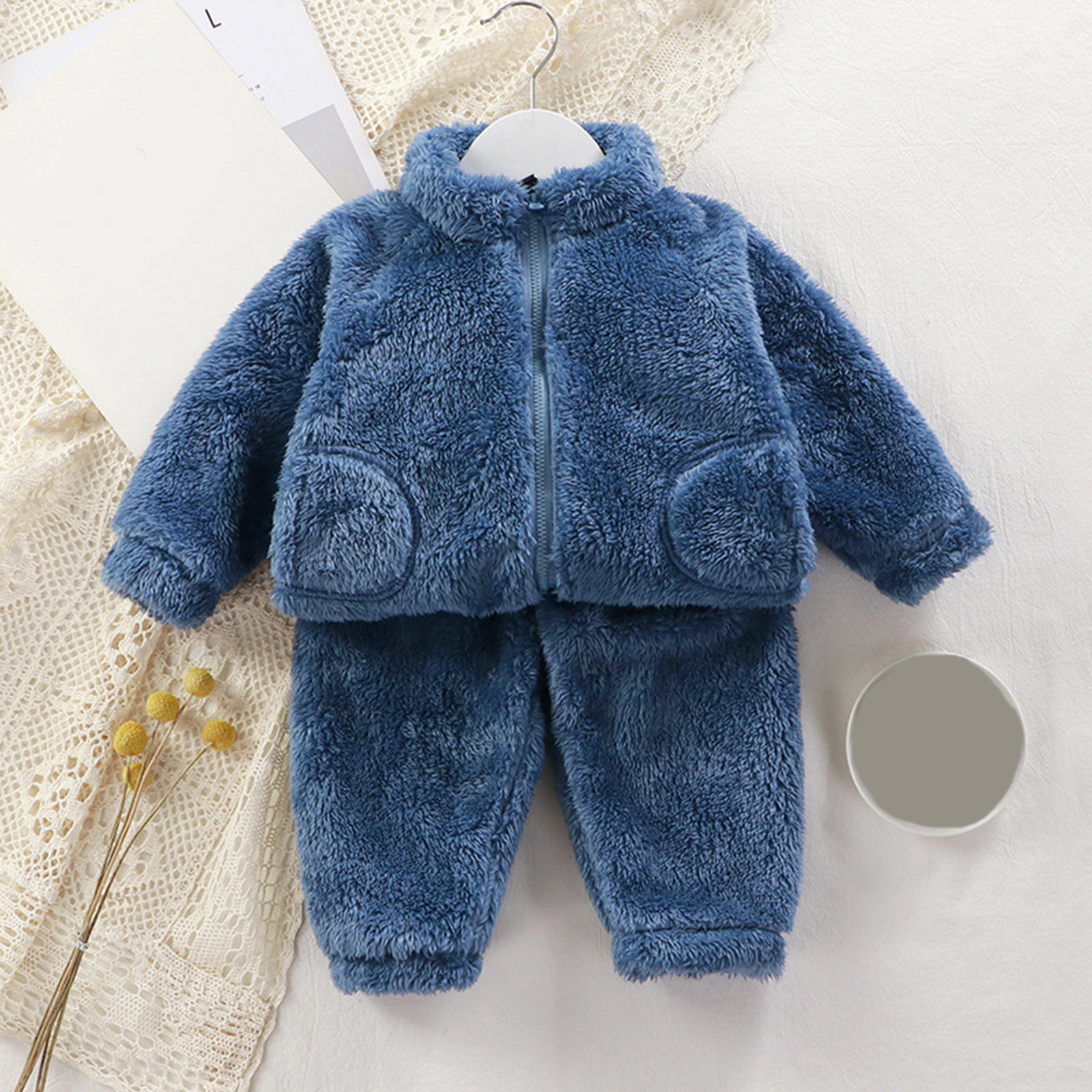 Wuxian Girls Fall Outfits Plush Lined Thermal Zip Up Solid Sleep Wear ...