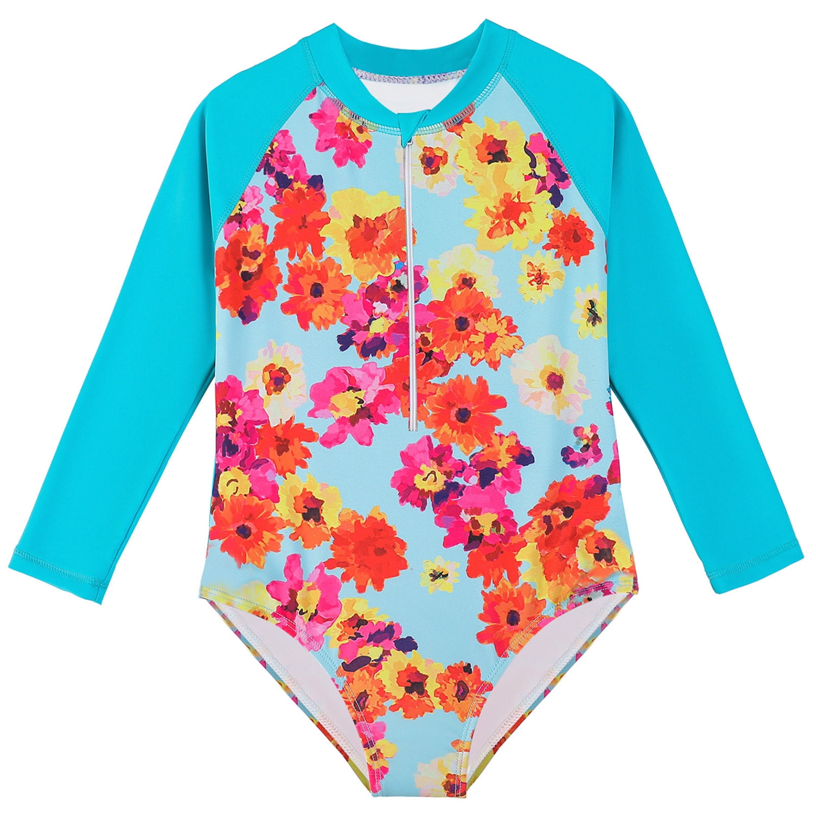 Wuxian Swimsuit Girls Long Sleeve Floral Printing Zip Beach Bathing ...