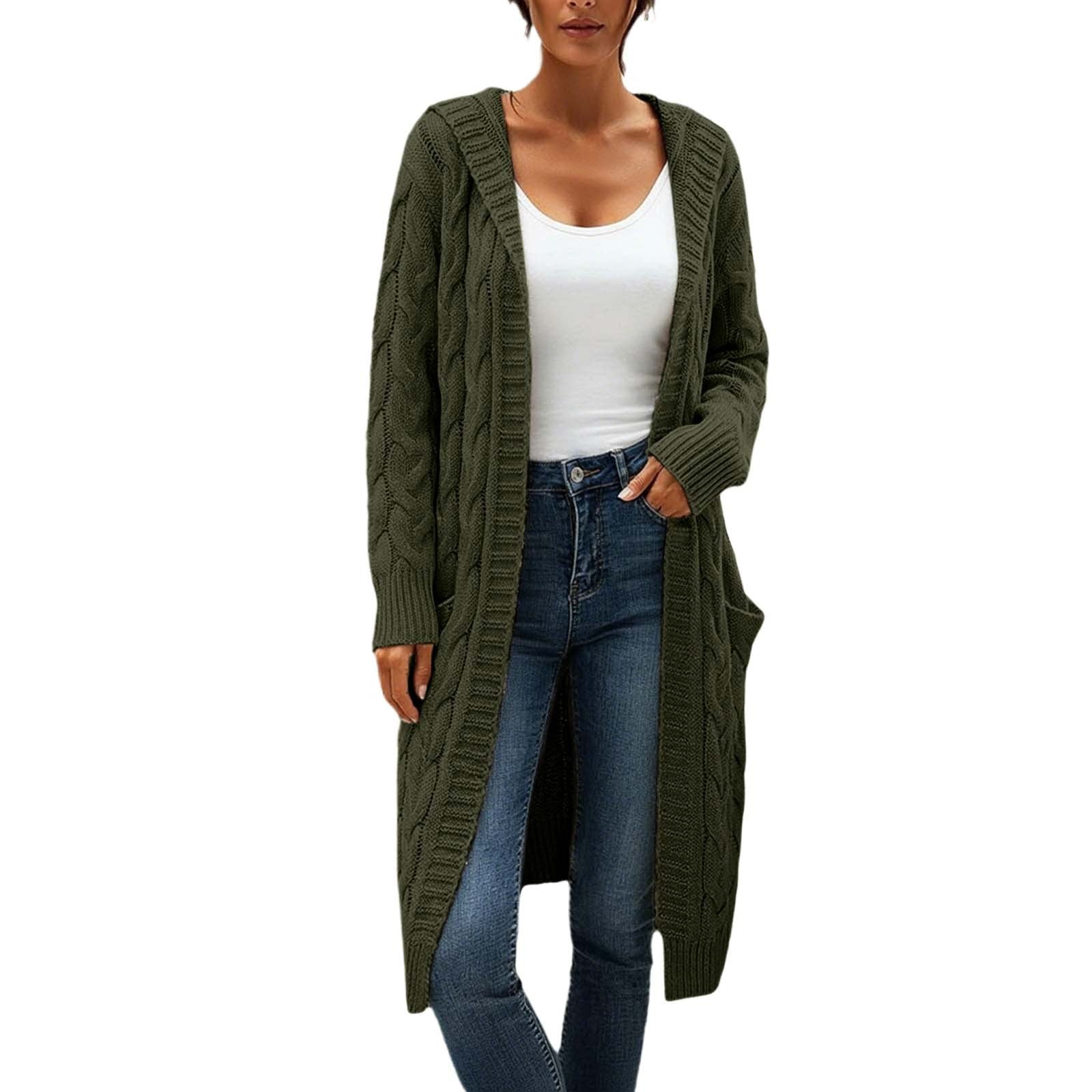 Wuxian Women Long Hooded Knit Cardigan Long Sleev Solid Color Wool Coat ...