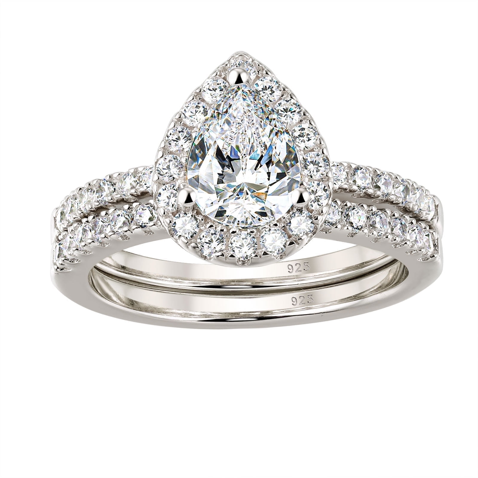 Wuziwen Engagement Jewelry: 3Ct Pear Cut Bridal Ring Set, Halo CZ 925 Sterling Silver, Size 8 ...