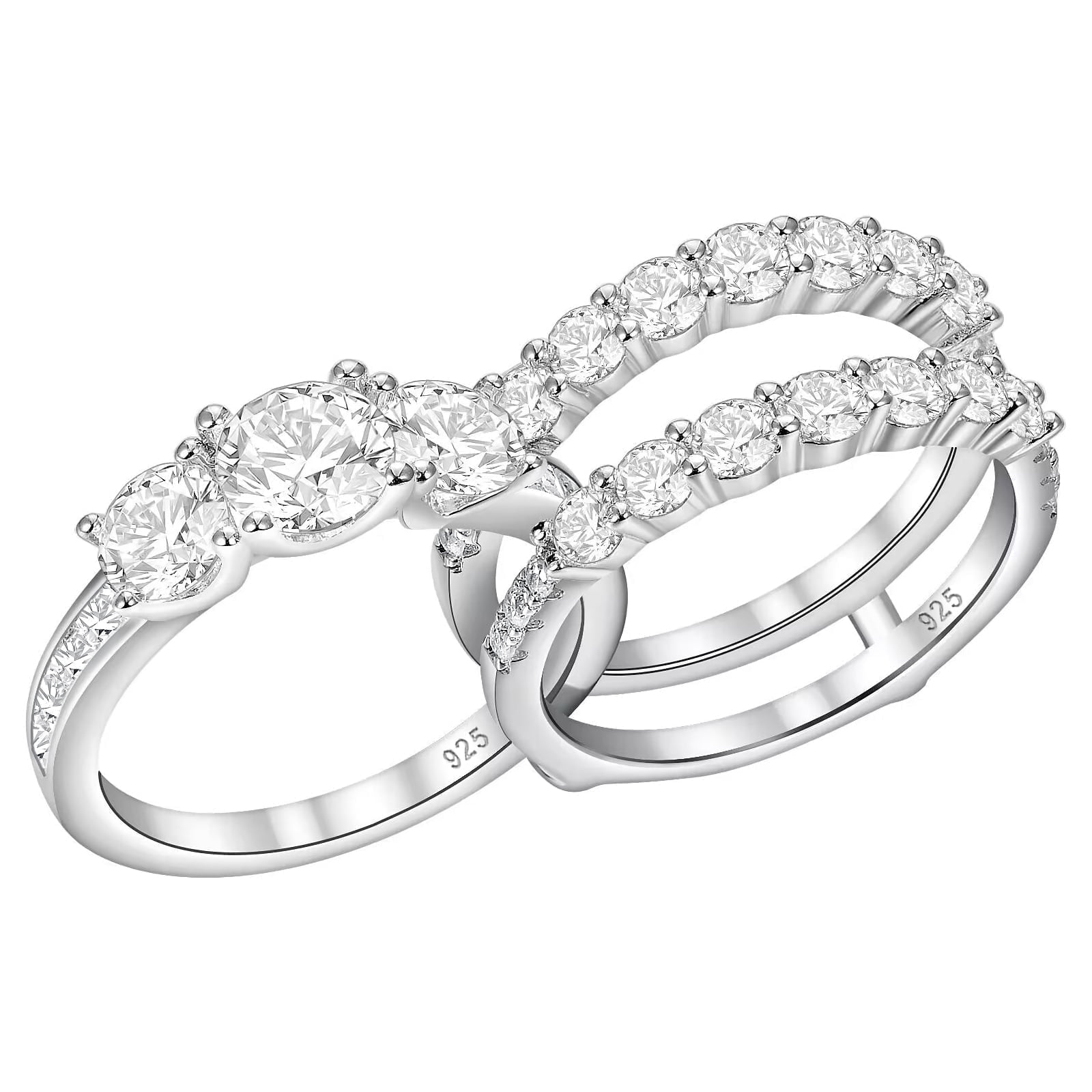 Wuziwen 4 Ct Three Stone Wedding Ring Sets for Women Round Sterling ...
