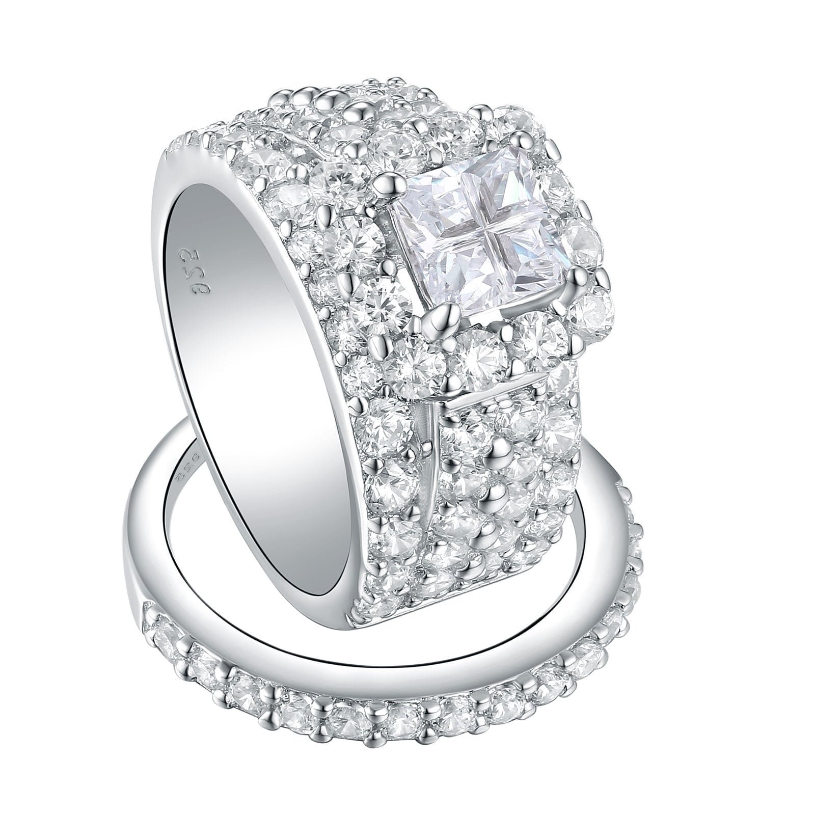 Wuziwen 4Ct Princess Engagement Rings Set for Women 925 Sterling Silver ...