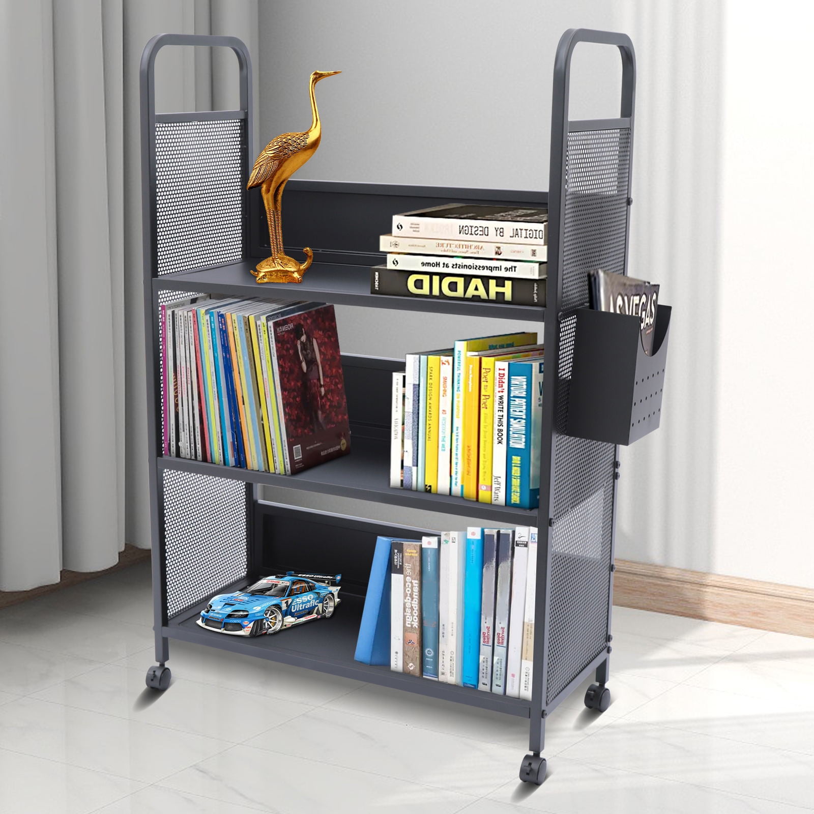 Wuzstar 3-Tier Rolling Book Truck Library Book Cart with Swivel ...