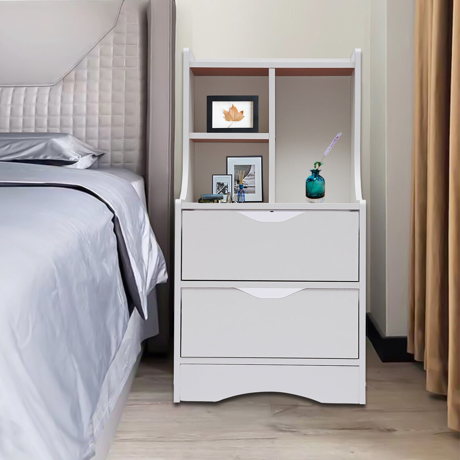 Wuzstar Small Single Home Bedroom 2 Drawer Nightstand, White Wood End ...