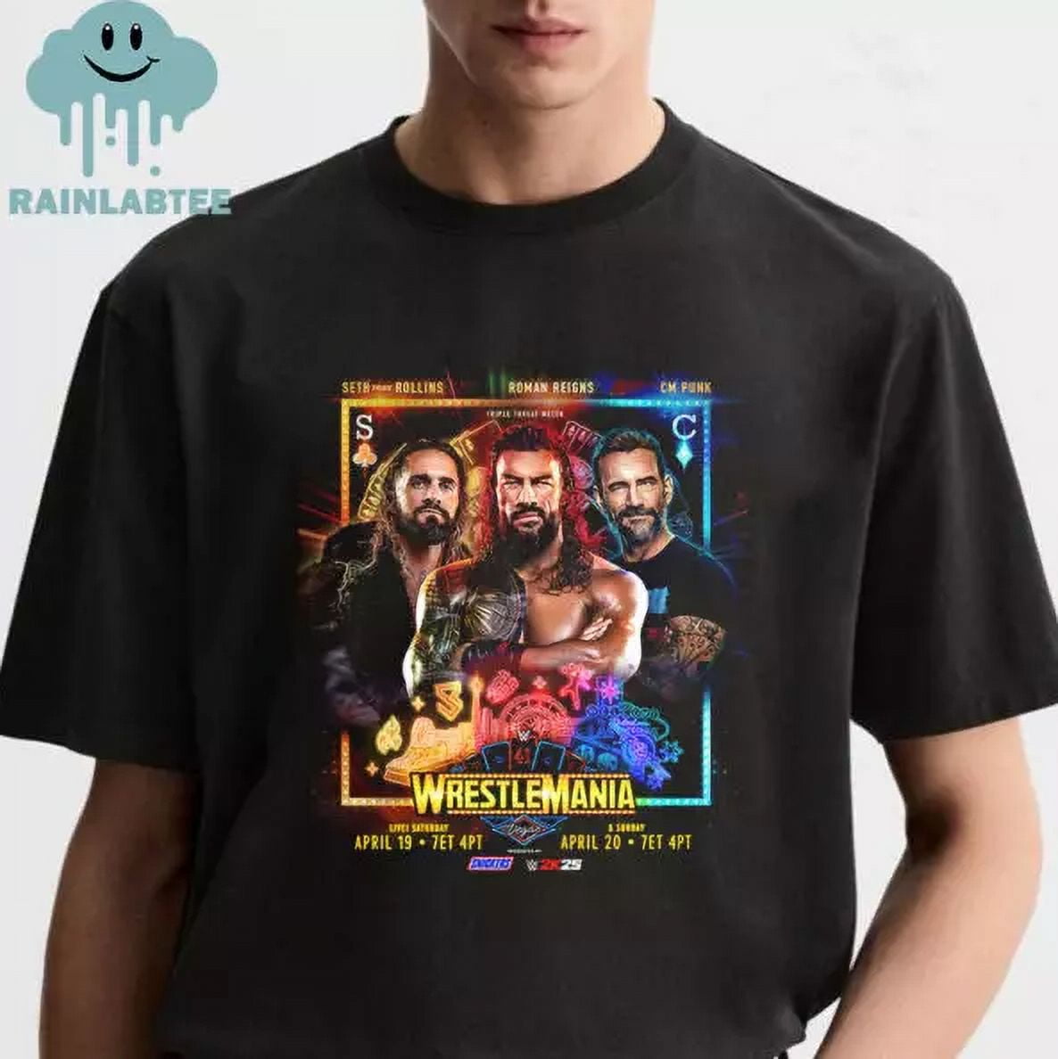 Wwe Wrestle Mania Tripple Threat Seth Rollins Roman Reigns Tshirt ...
