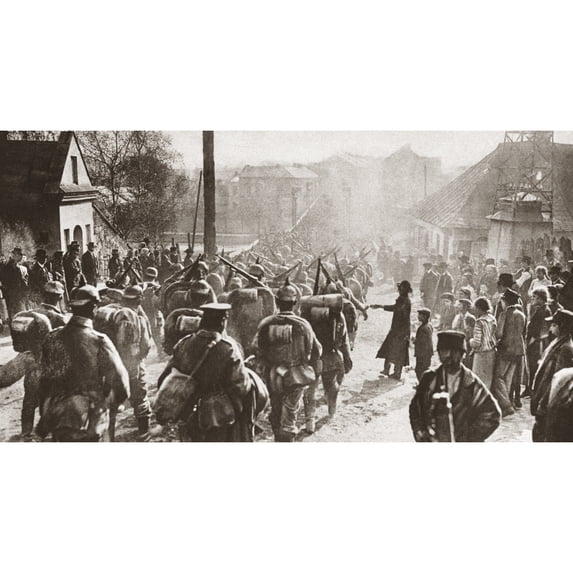 Wwi Russian Retreat 1915. Ngerman Infantry Passing Through The Town Of ...