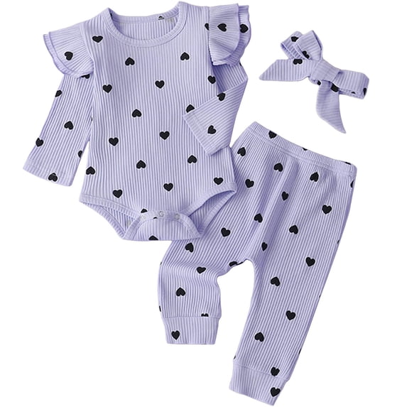 Wxirdiow Rompers for Baby Baby Girl's 3pc Rib Frill Cute Heart Print ...