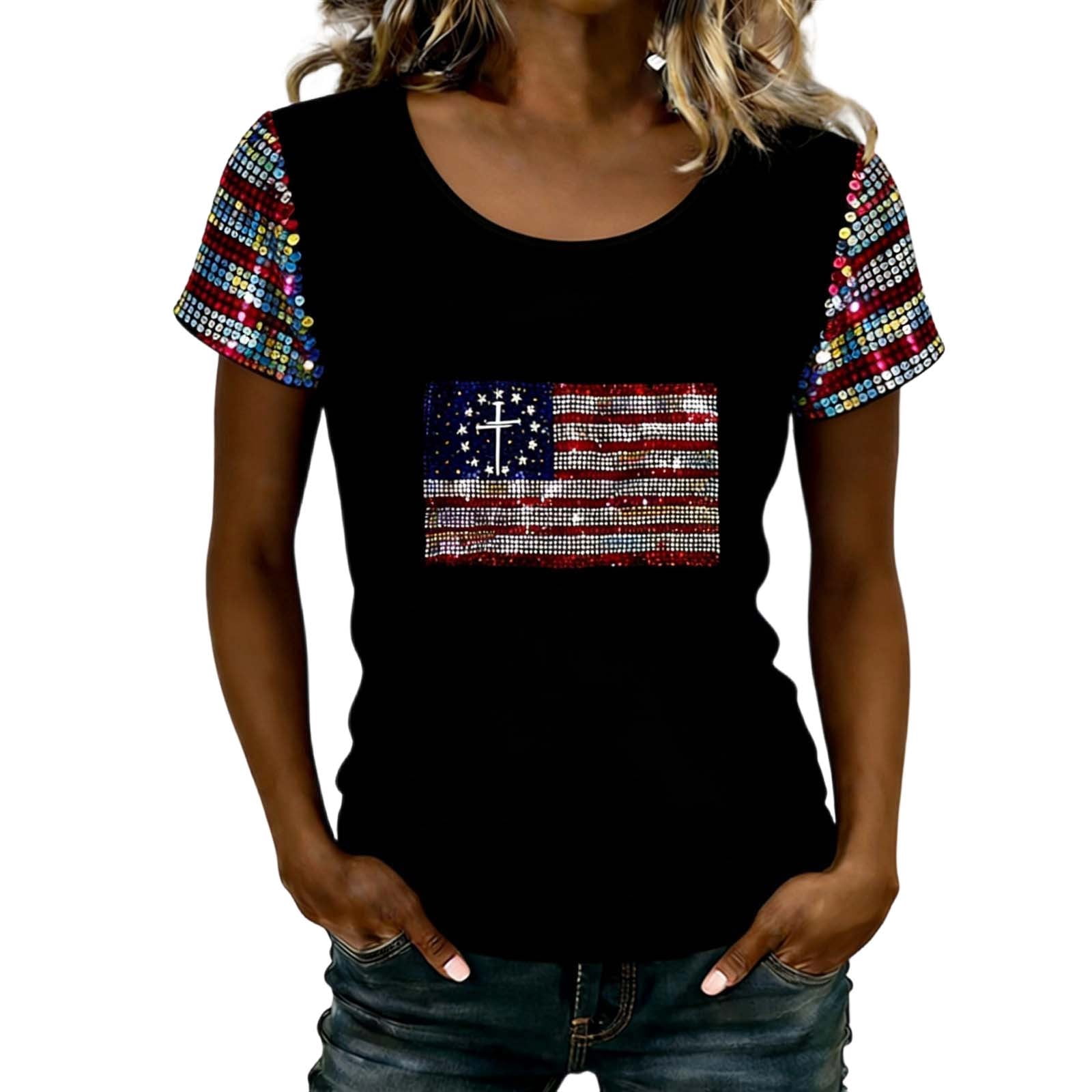 Wxolcjlv Women's 250th Anniversary Patriotic T-Shirt Rhinestone Cross ...