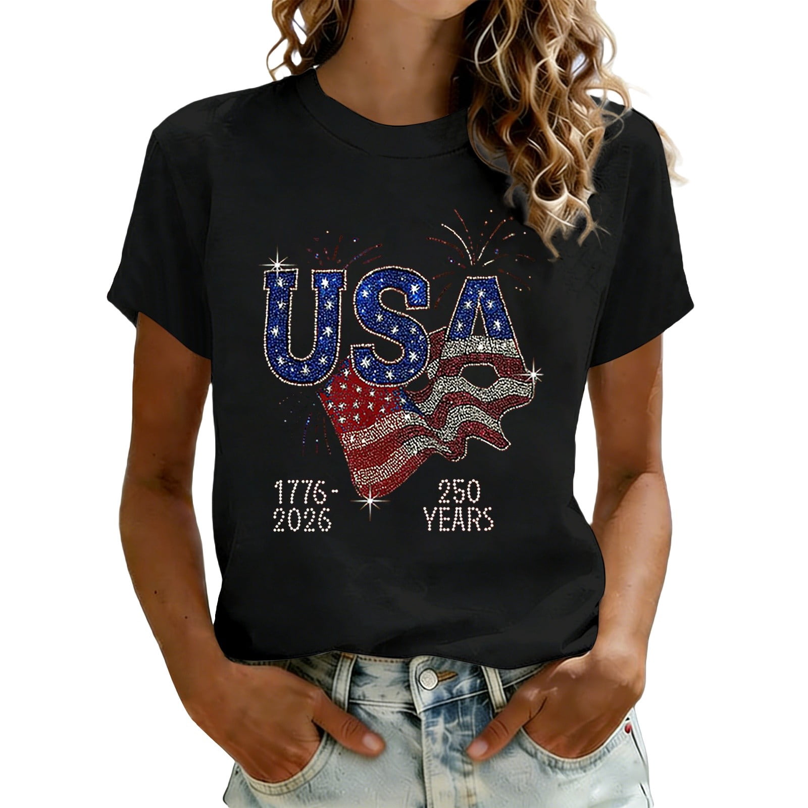 Wxolcjlv Women's America 250th Anniversary USA T-Shirt Rhinestone USA ...
