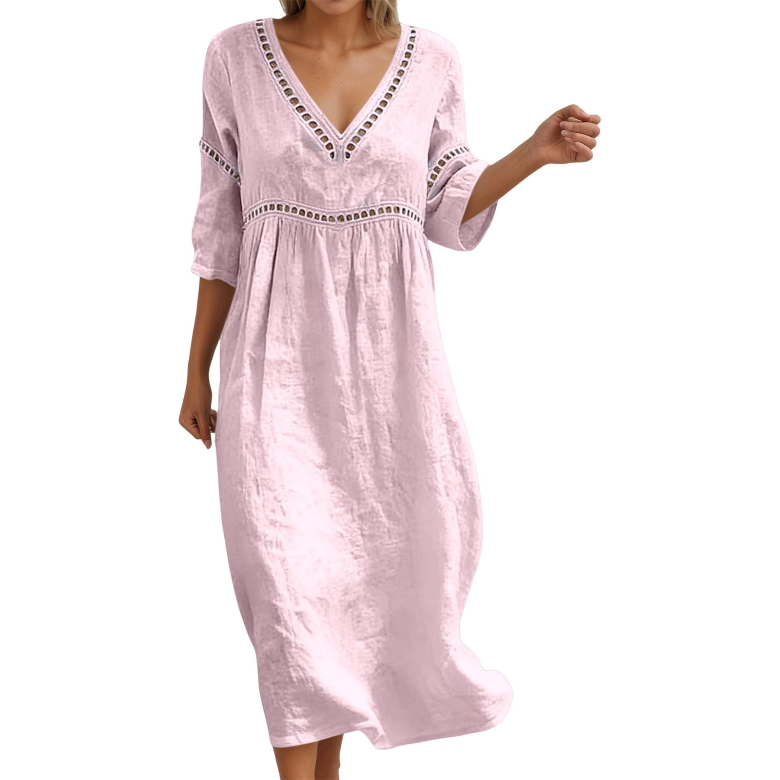 Wxolcjlv Womens Dresses Solid Color V Neck Eyelet Embroidery Mid Sleeve ...