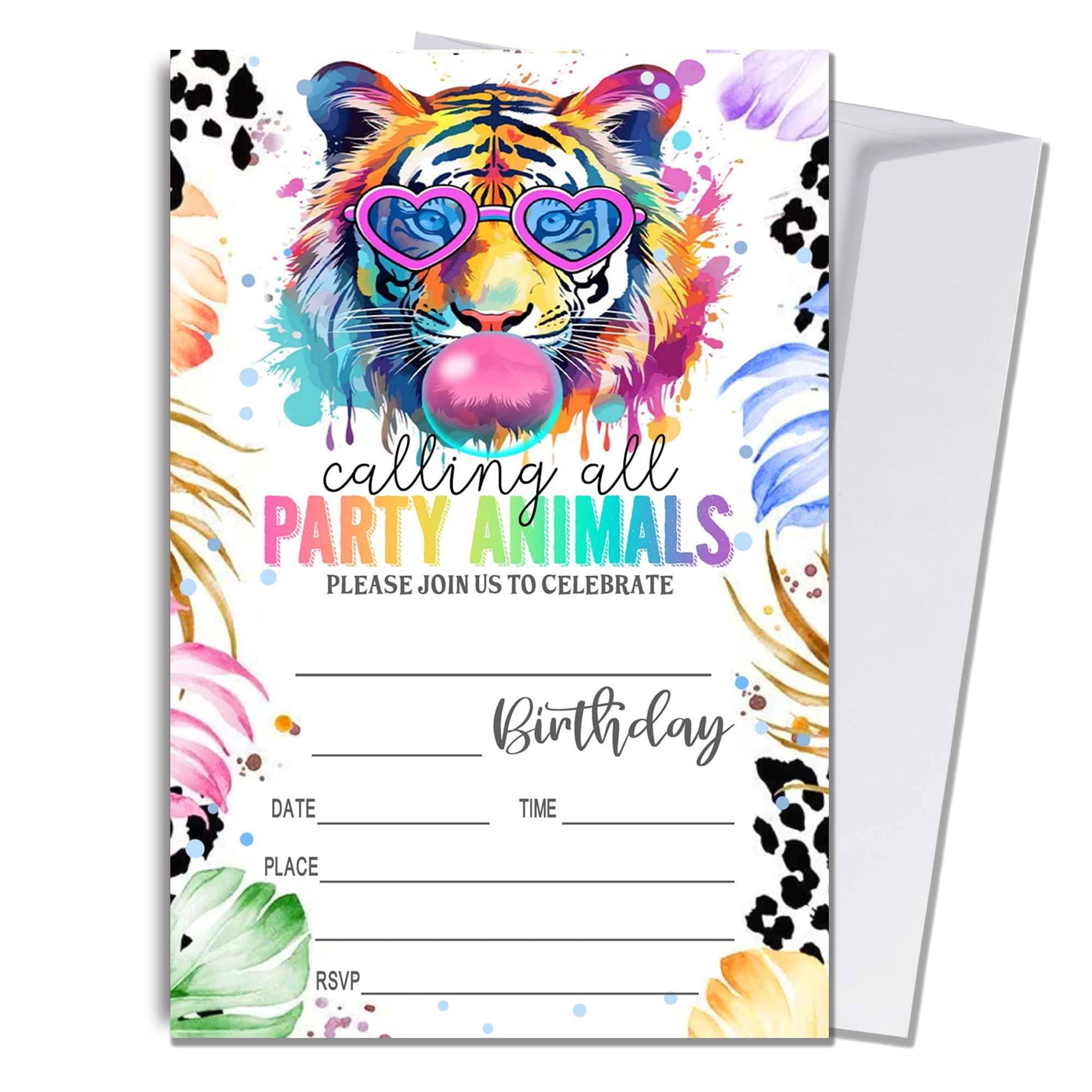 Wybgno Party Animals Birthday Invitations, 20 Pieces Tiger Print Invite ...