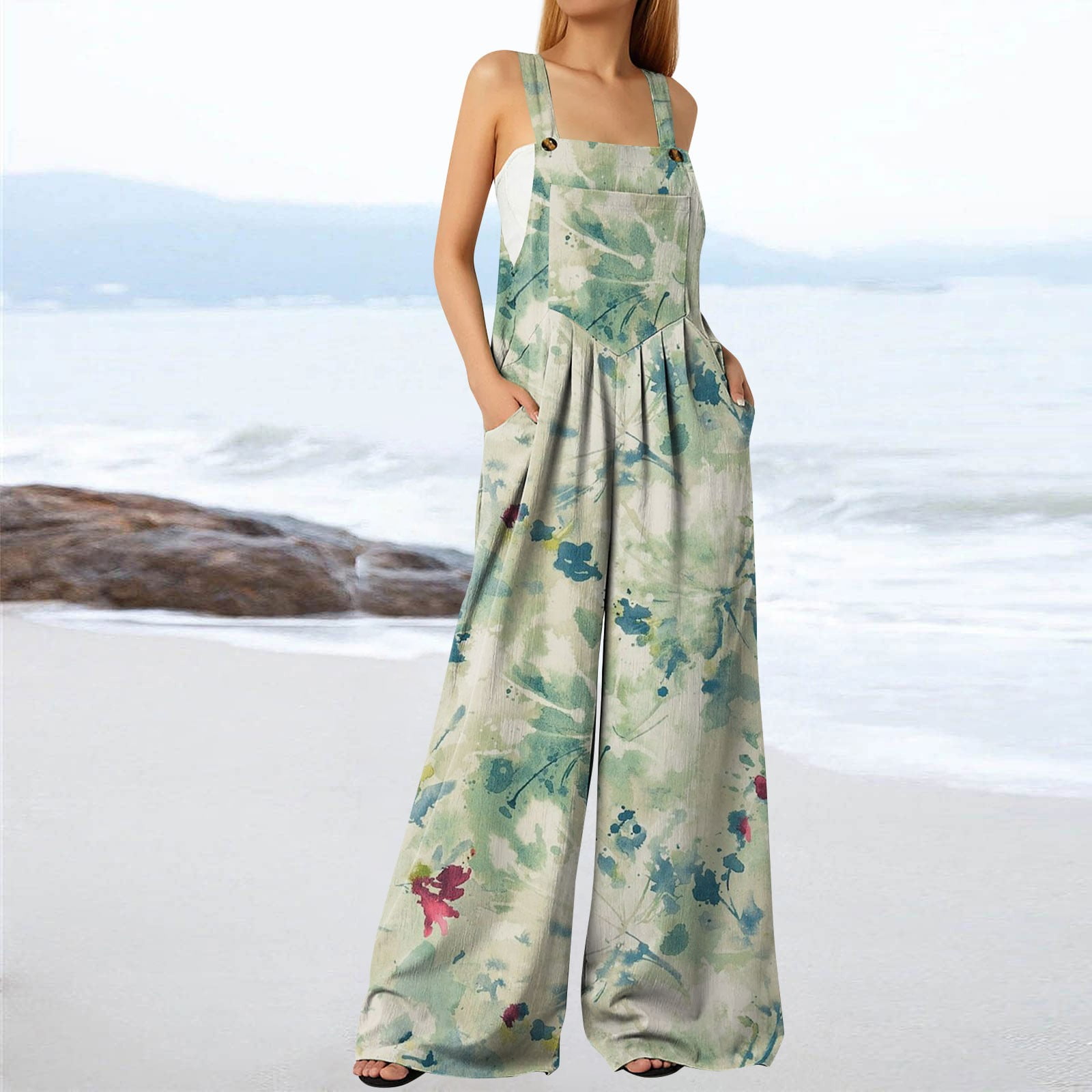 Wycnly Jumpsuits for Women Dressy Casual Loose Pleated Wide Leg Strap ...