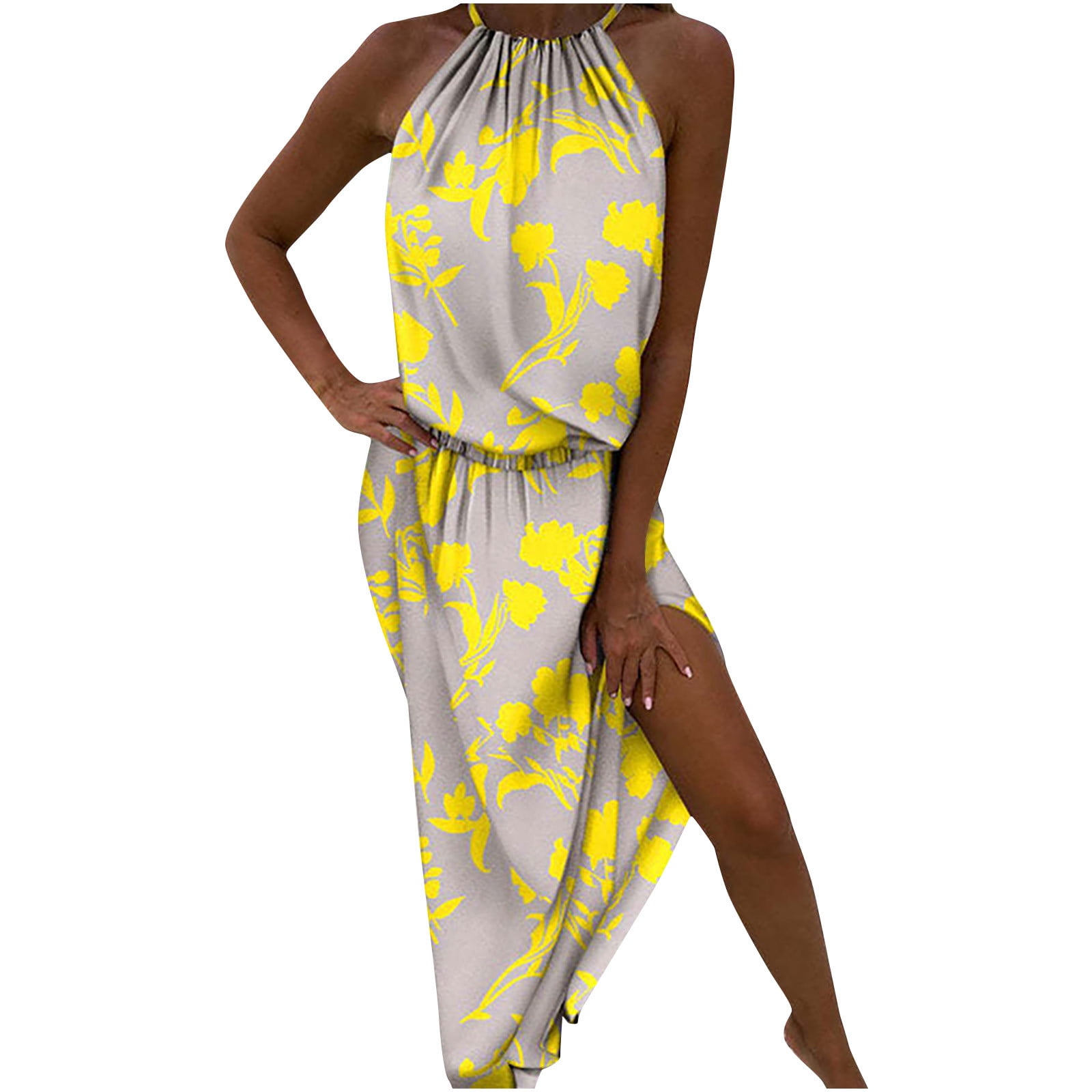 Wycnly Summer Dresses for Women Beach Party Elastic Waist Slit Wrap Hem ...