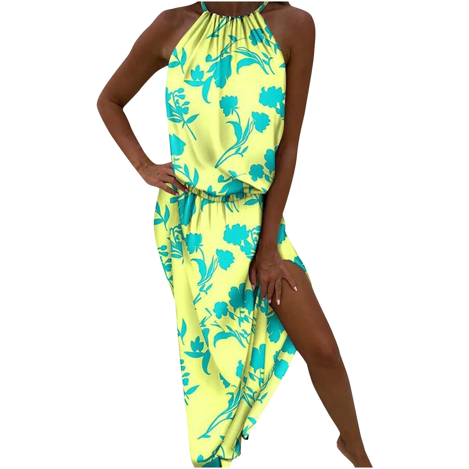 Wycnly Summer Dresses for Women Beach Party Elastic Waist Slit Wrap Hem ...