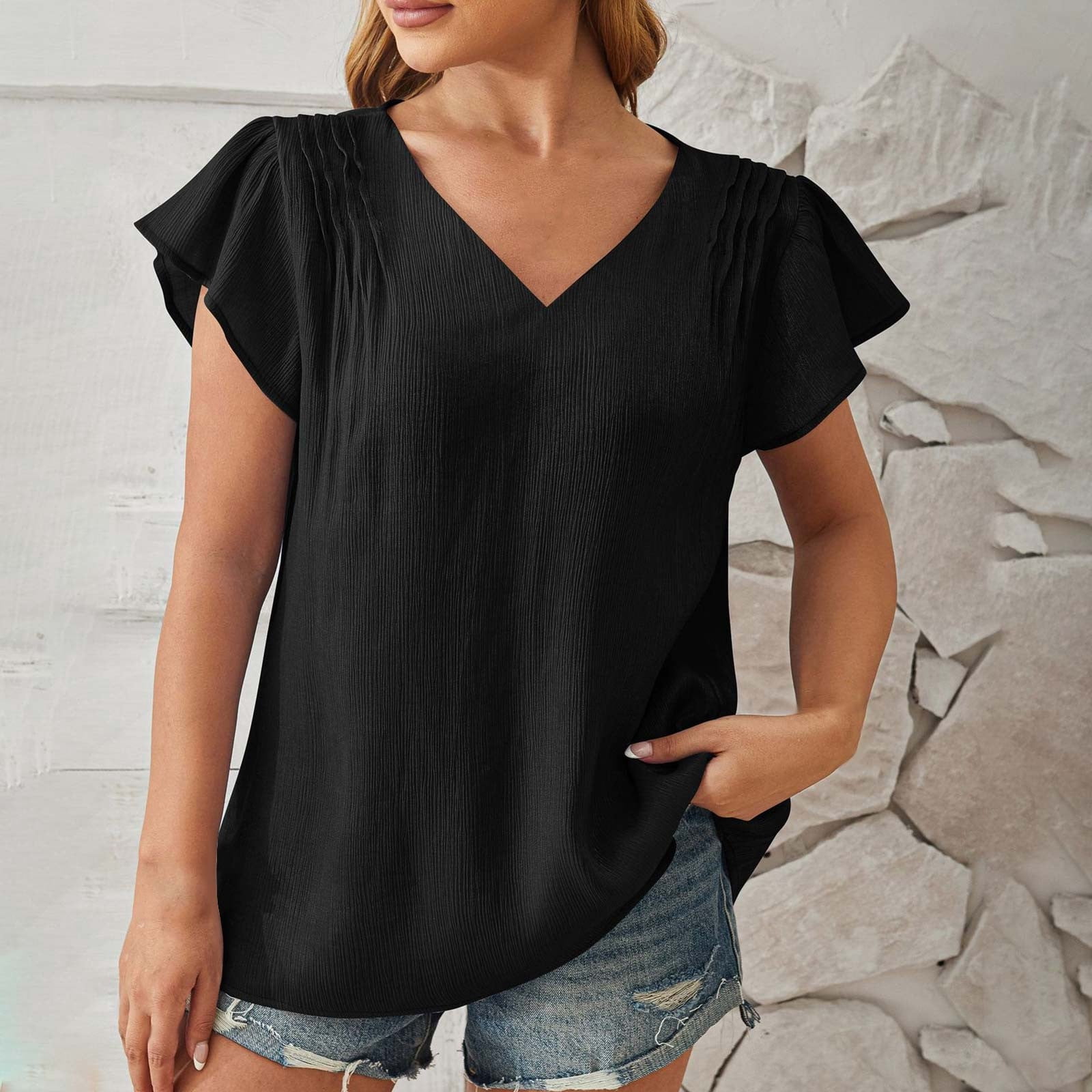 Wycnly Summer Tops for Women Cute Tops for Women Ruffle Sleeve Pleated ...