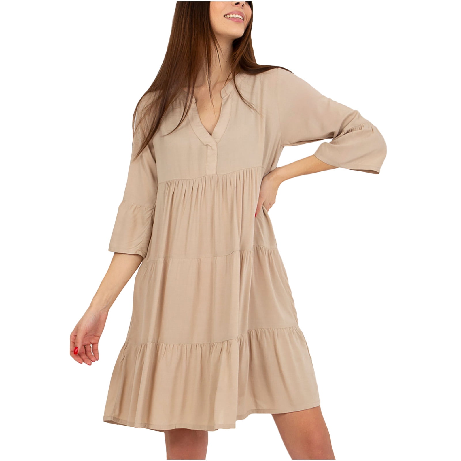 Wycnly Sundresses for Women Elbow-Length V-Neck Solid Knee-Length ...