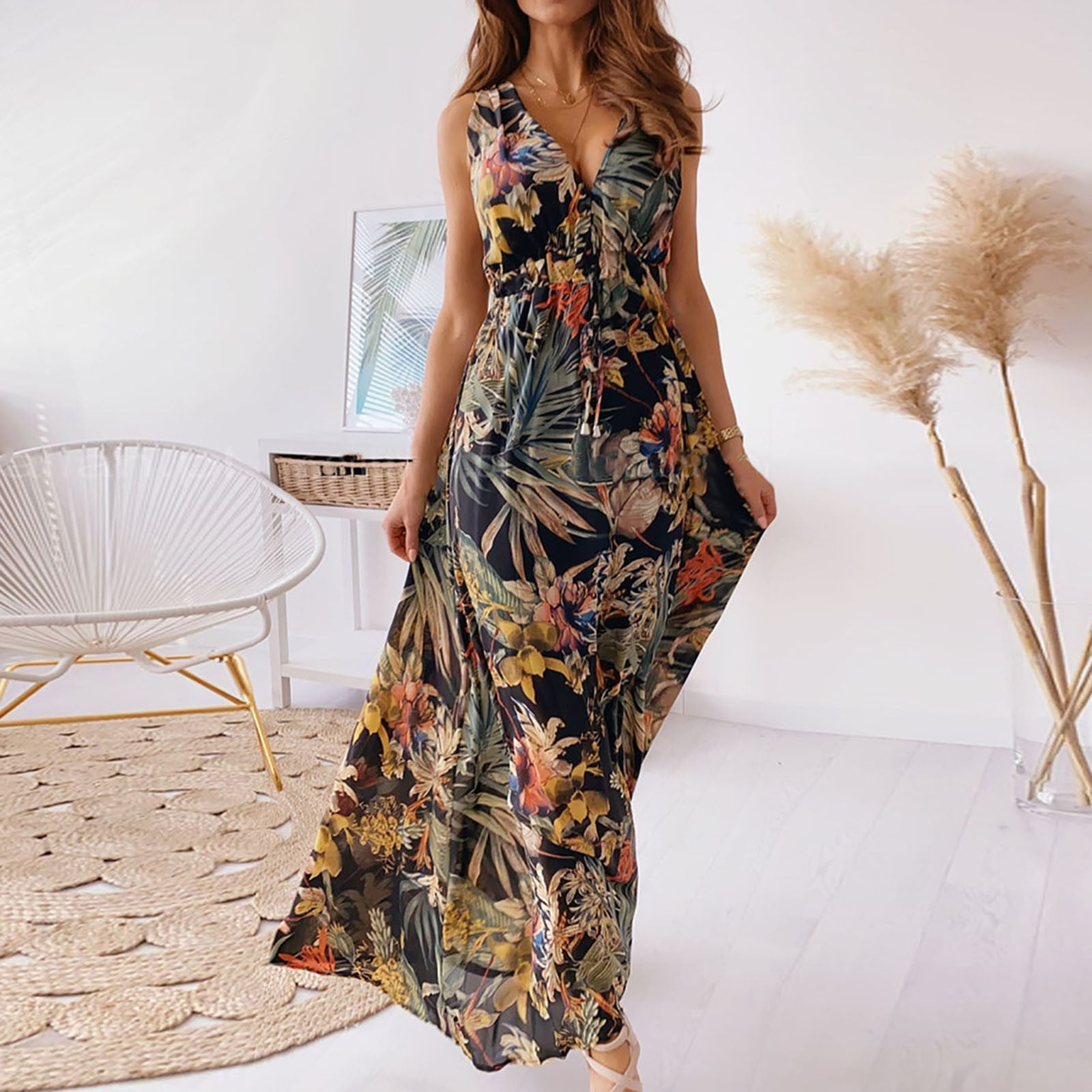 Wycnly Womens Dresses Beach Boho High Waist Flowy Swing Long Sundress ...