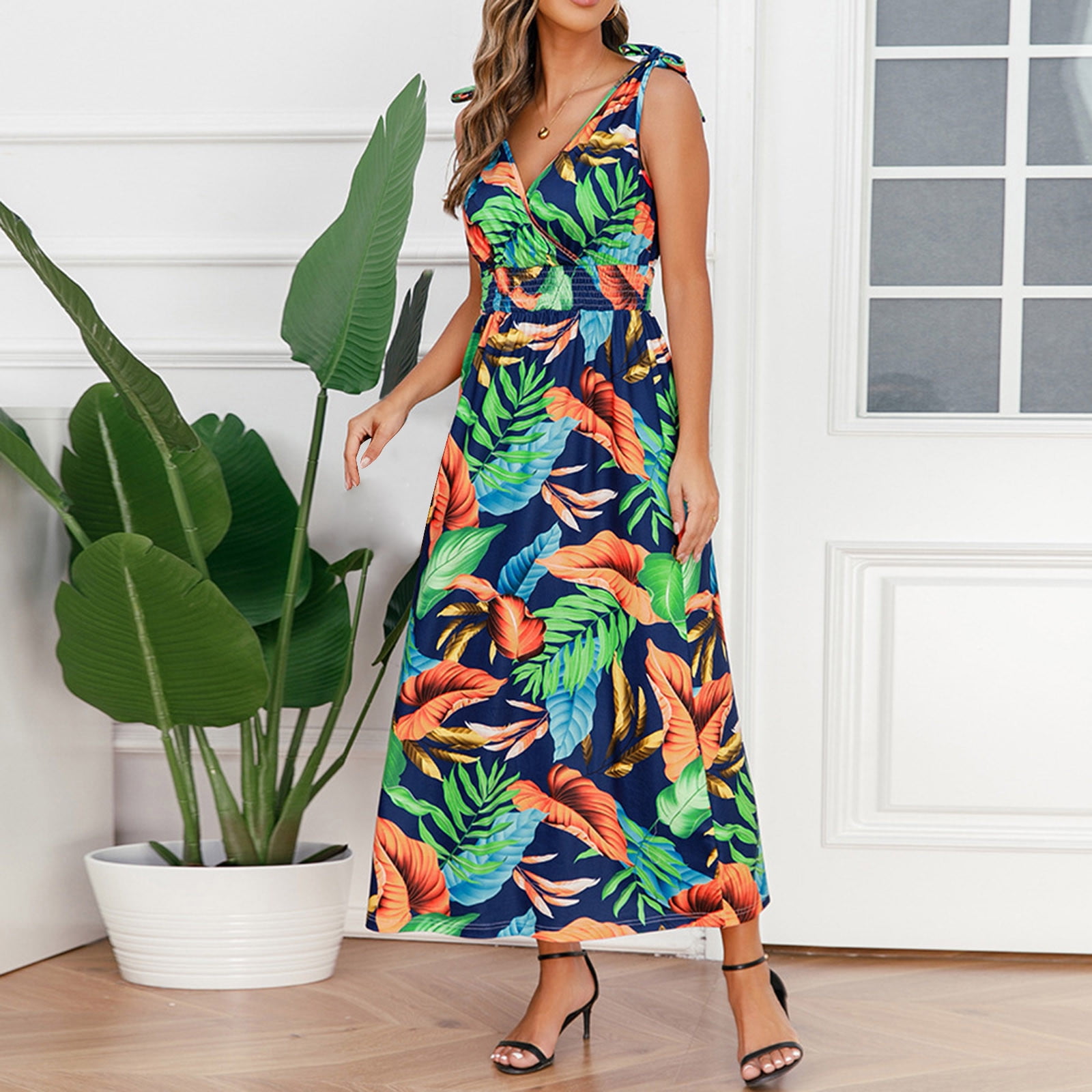 Wycnly Womens Dresses Beach Vacation Elastic Waist Pleated Swing Tank ...