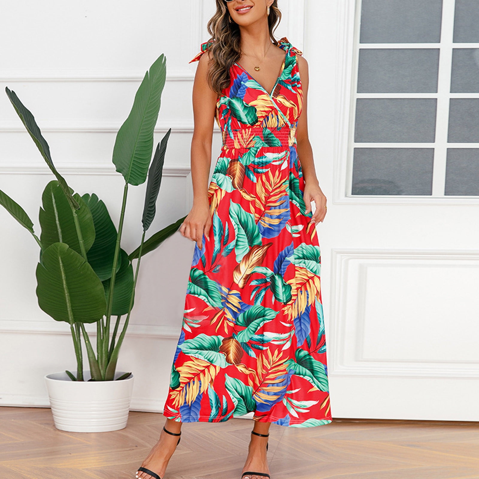 Wycnly Womens Dresses Beach Vacation Elastic Waist Pleated Swing Tank ...