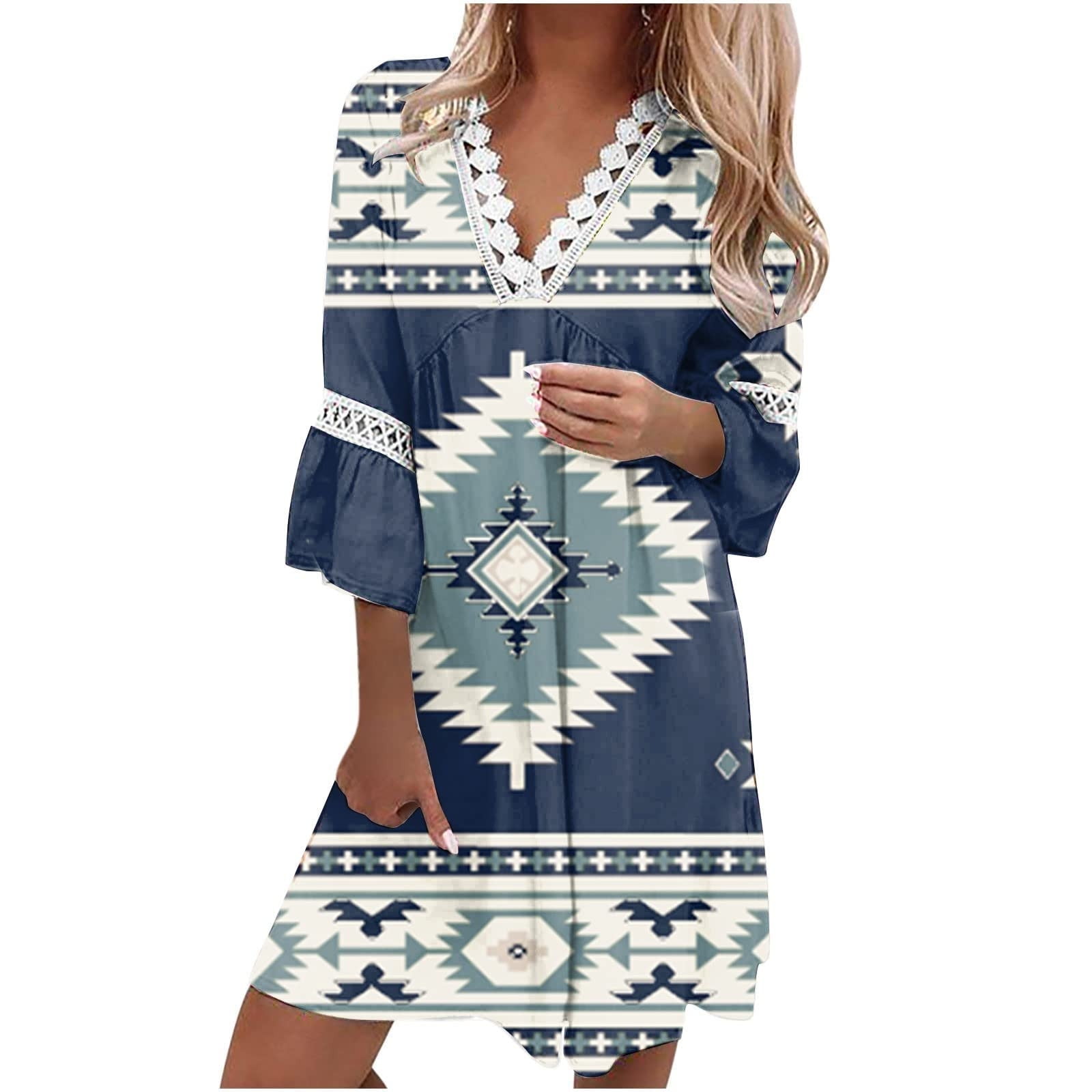 Wycnly Womens Dresses Beach Vintage Graphics Lace Trim Swing Tunic ...