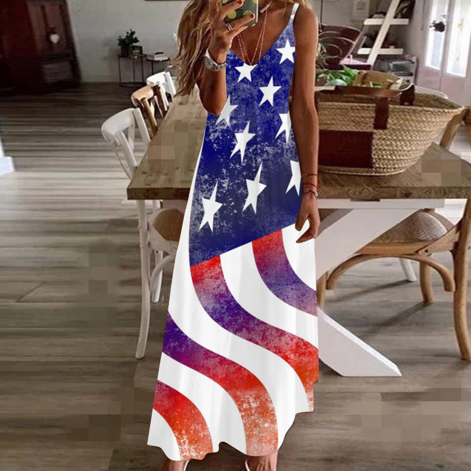 Wycnly Womens Dresses Loose High Waist Spaghetti Strap Independece Day ...