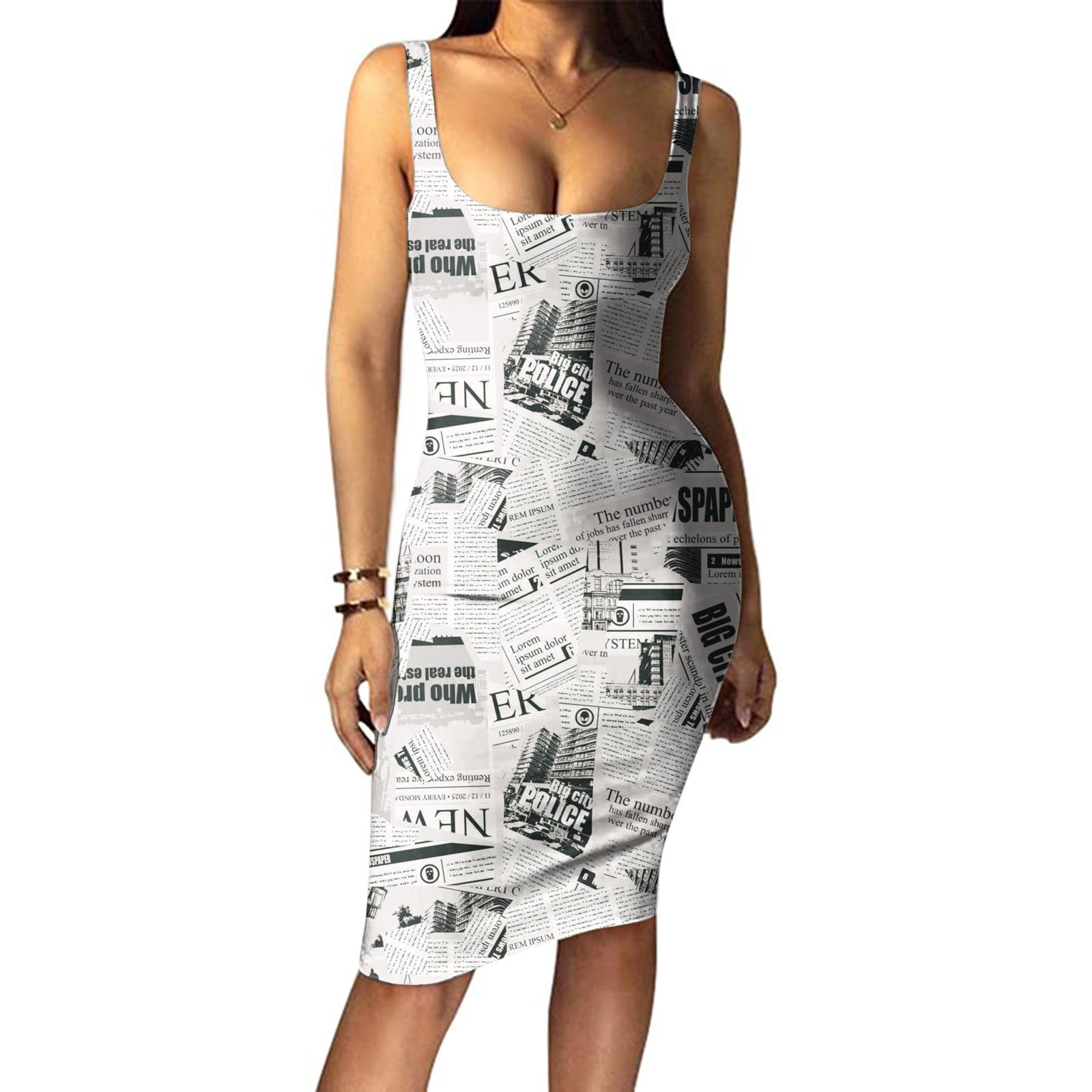 Wycnly Womens Sexy Bodycon Tank Dresses Fashion News Paper Print Slim ...