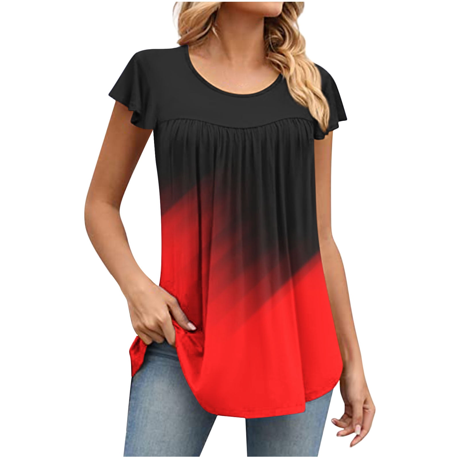 Wycnly Womens Shirts Fashion Ruffle Sleeve Flowy Pleated Swing Tunic ...