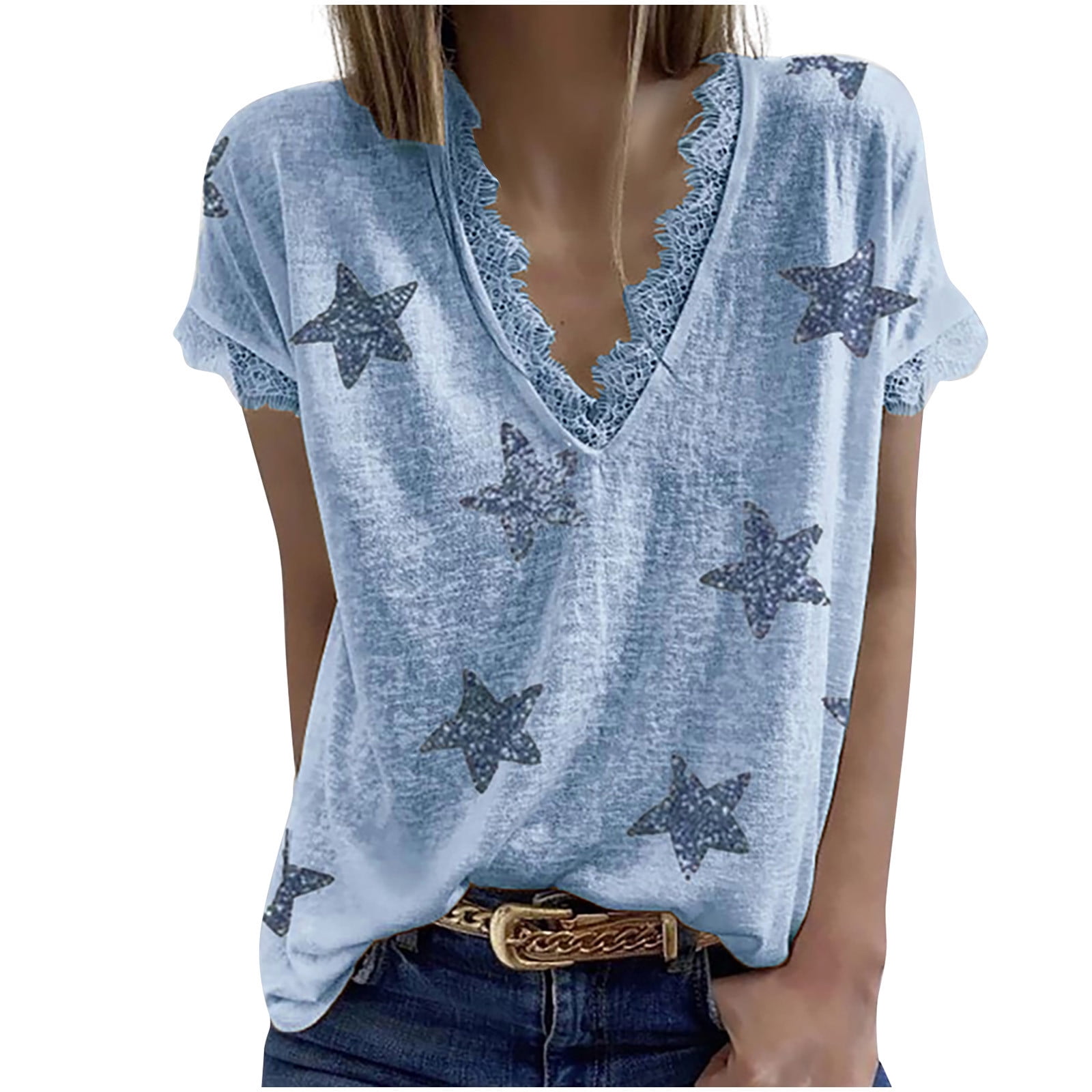 Wycnly Womens Tops Dressy Casual Short Sleeve V-Neck Starfish Print ...