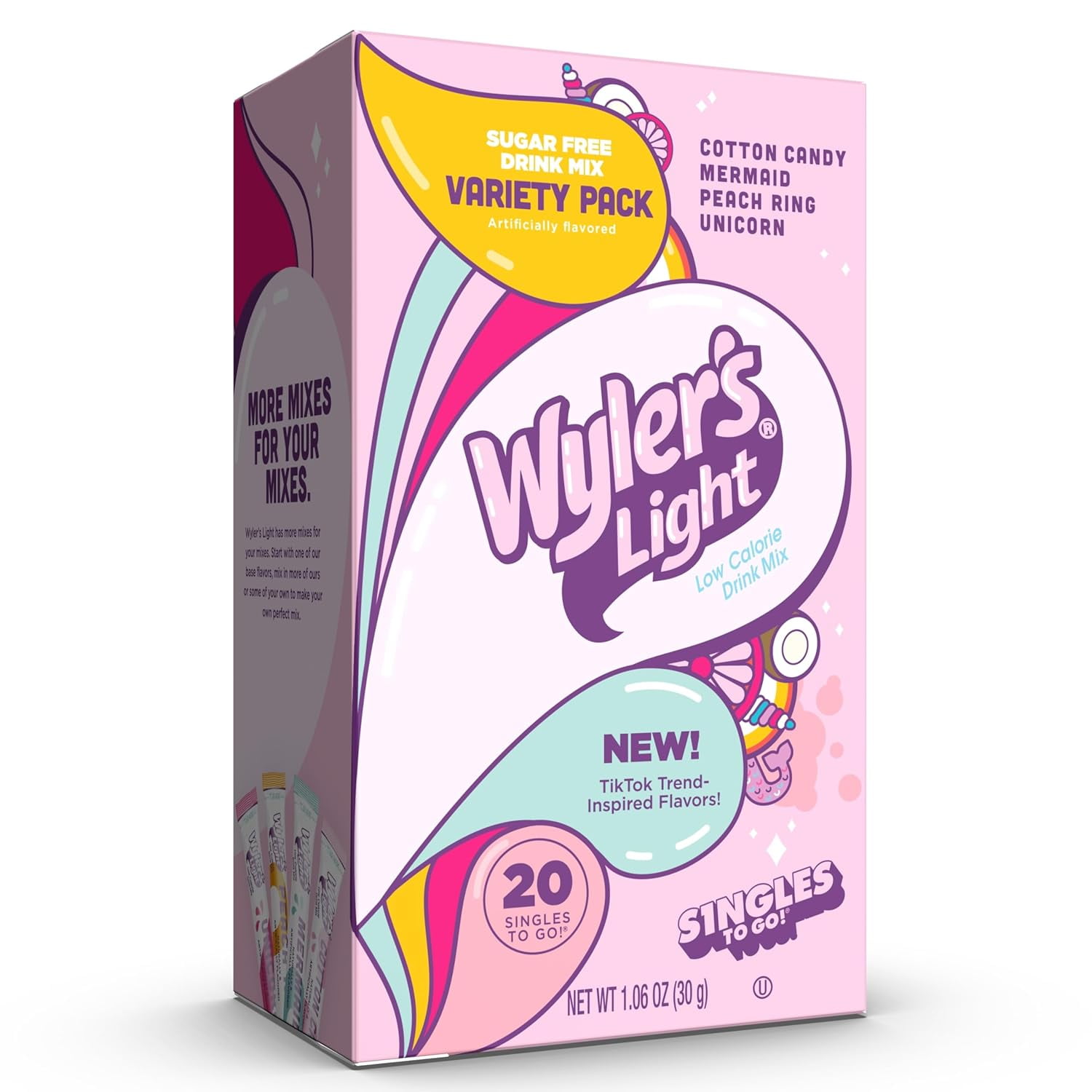 Wyler's Light Singles to Go Drink Mix, Variety Pack, Cotton Candy, Mermaid, Peach Ring, Unicorn ...
