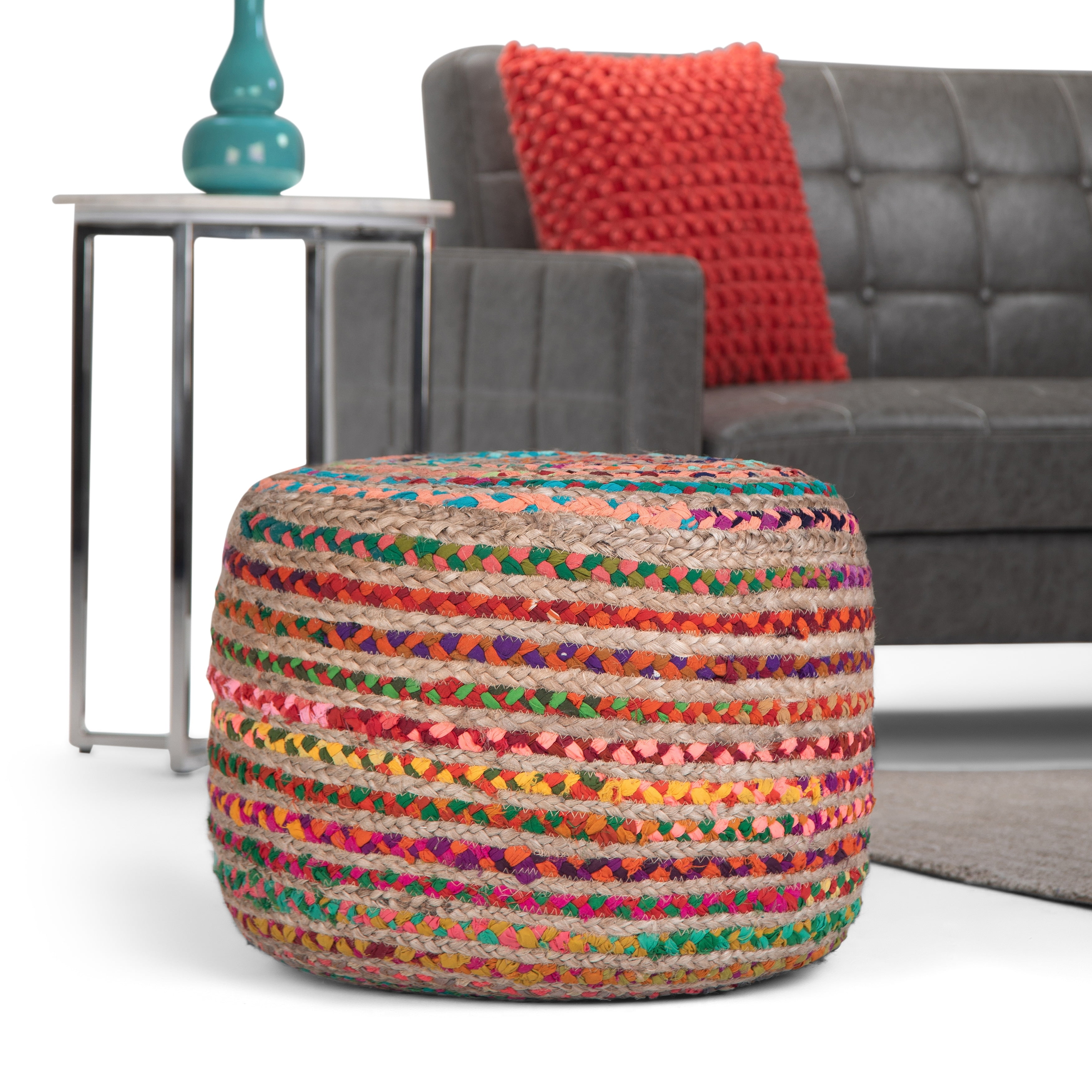 WyndenHall Mattise Boho Round Pouf in Braided Jute Multi Color Bohemian ...