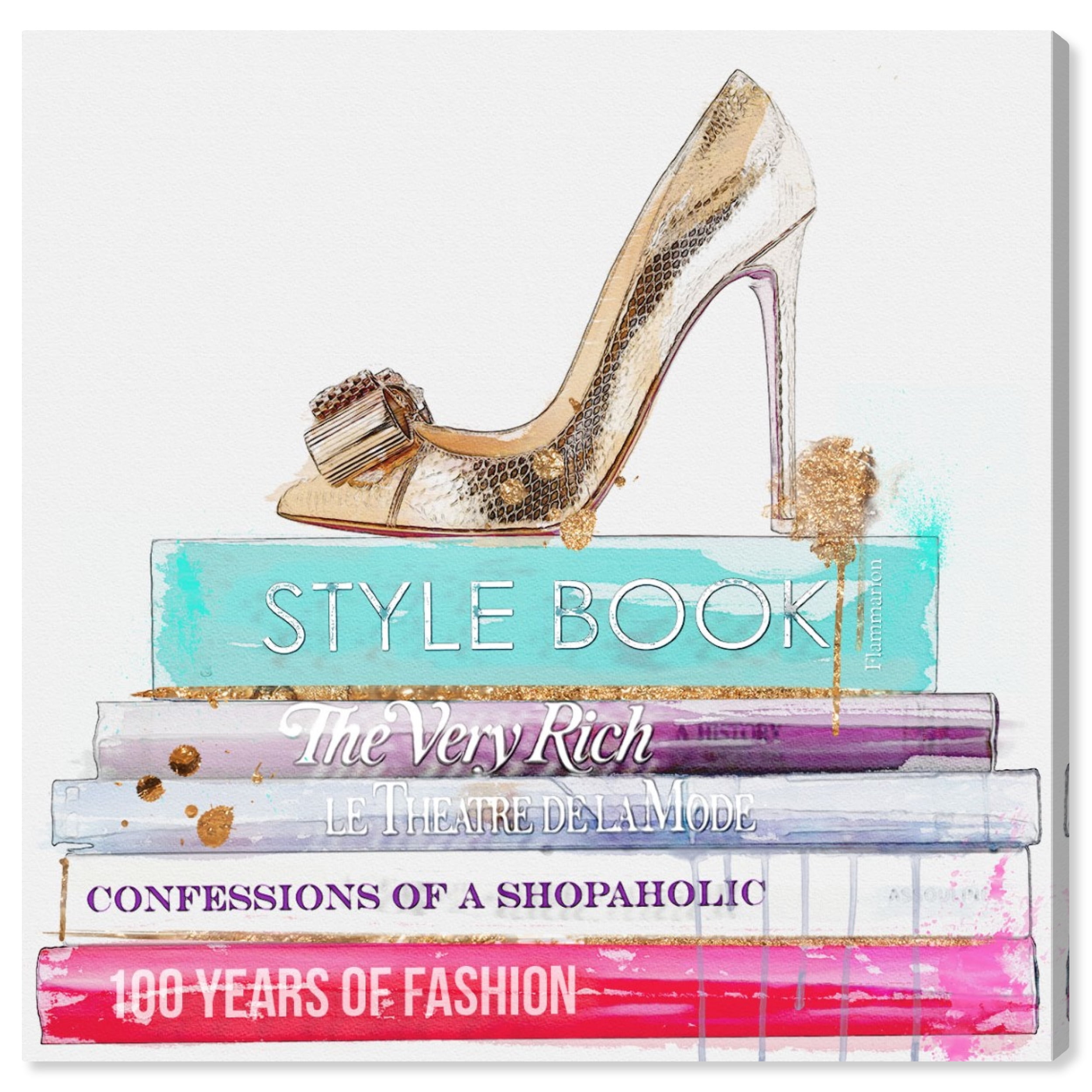 Wynwood Studio Fashion and Glam Contemporary Canvas Art - Bookstack Gold High Heel, Wall Art for ...