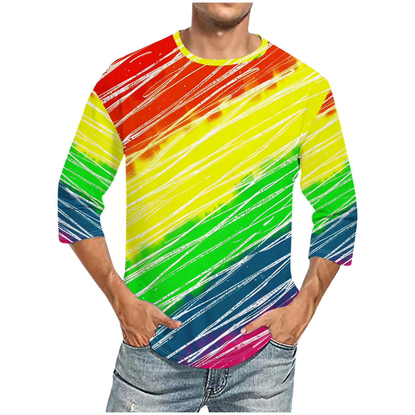 Wyobmus 3D Striped Rainbow Graphic Shirt for Men Crewneck Pullover ...